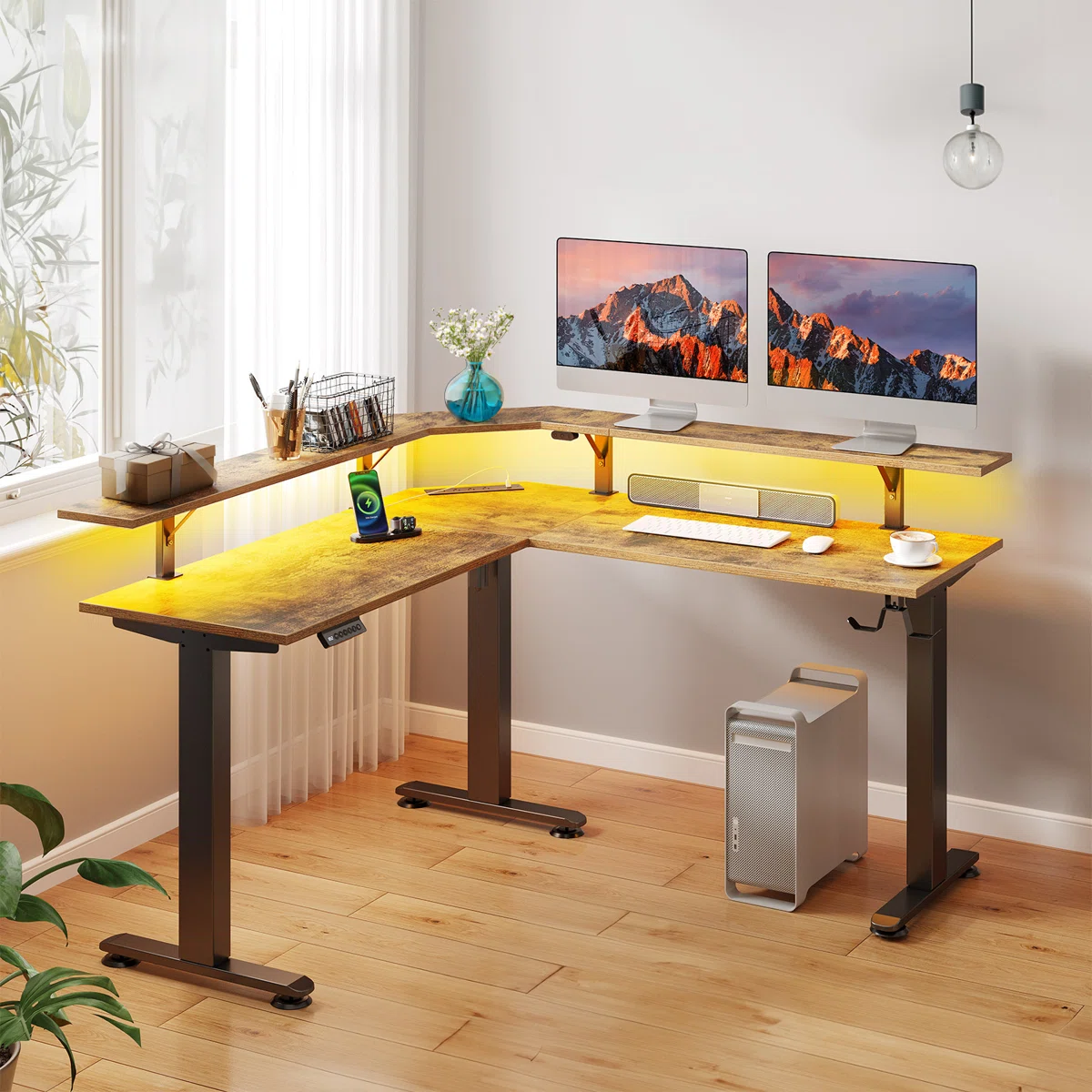 Greenstell Standing Desk L Shaped with LED Light and Power Outlet ...