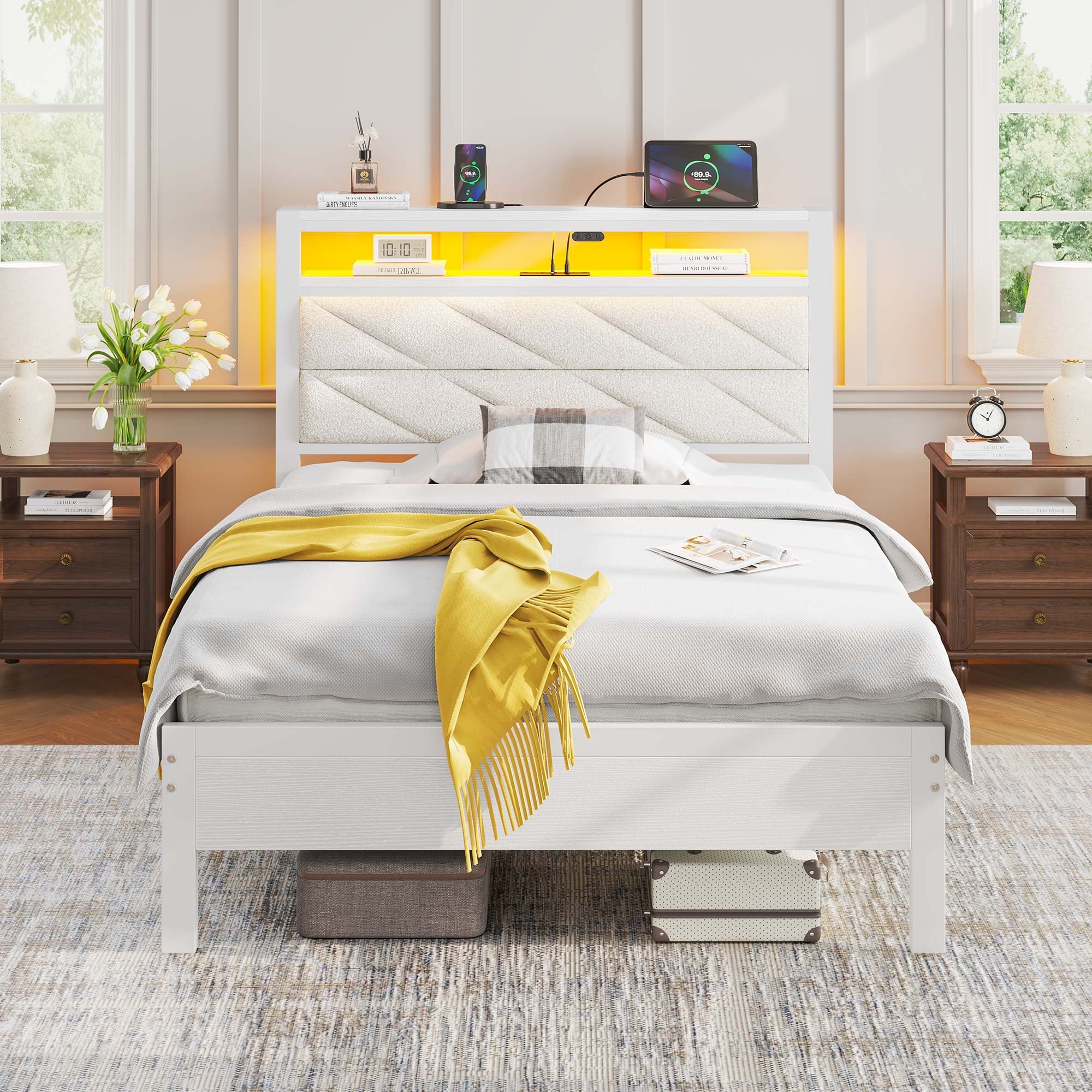 Greenstell Twin LED Bed Frame with Headboard Storage - Charging Station ...