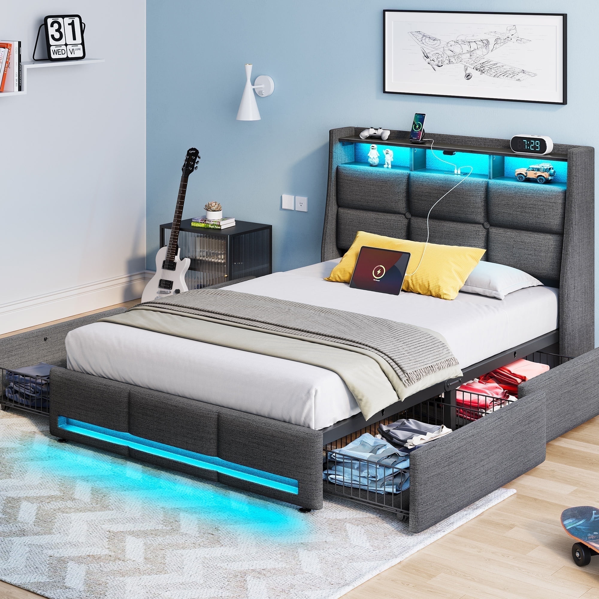 Greenstell Twin LED Storage Bed Frame - Charging Station, App Control ...