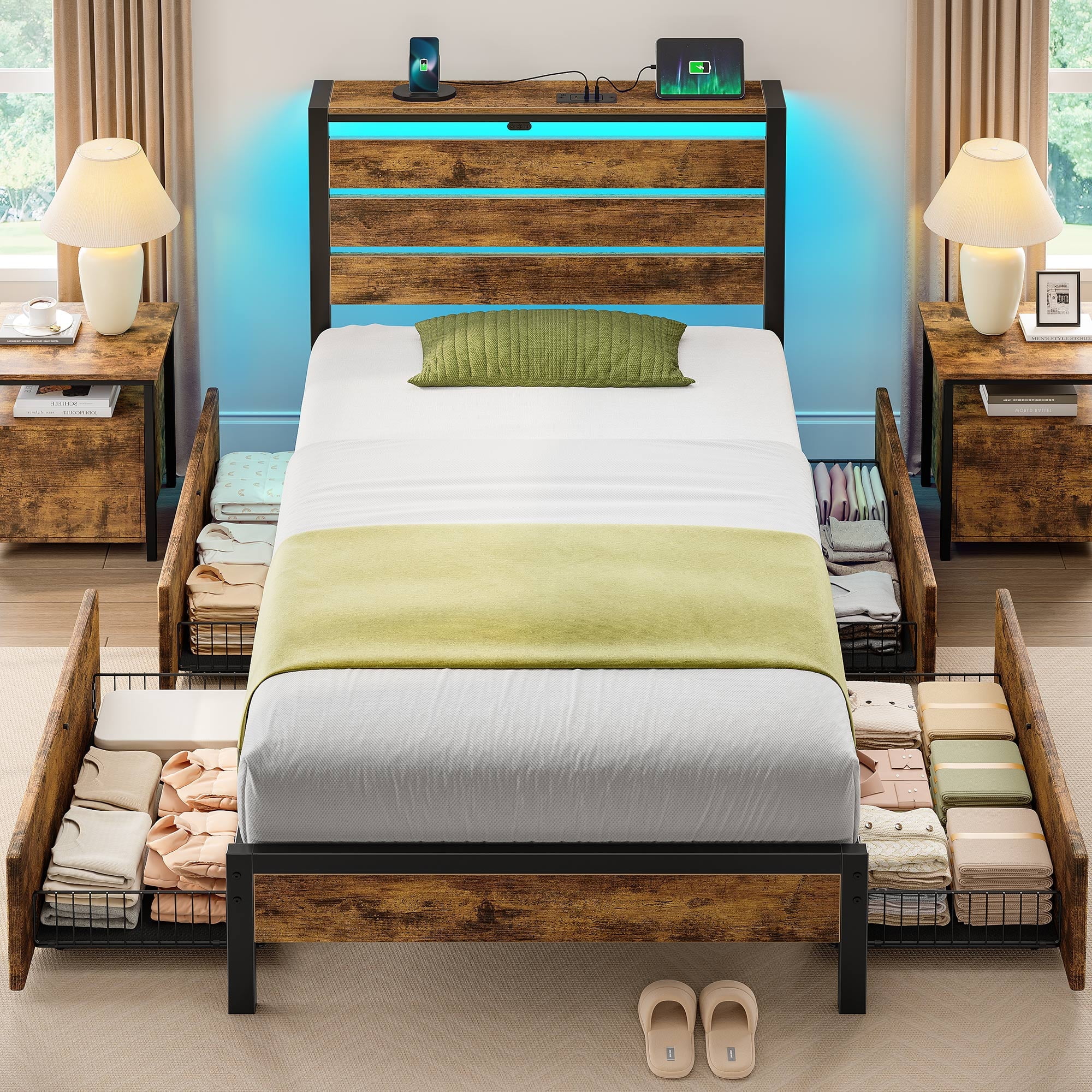 Greenstell Twin Size Bed Frame with 2 USB Ports Platform Metal Bed ...