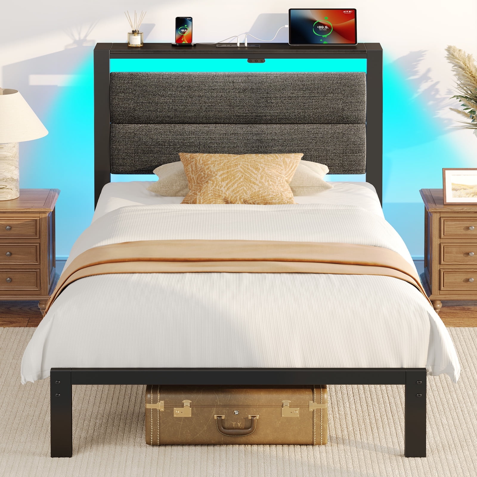Greenstell Twin Size LED Light Bed Frame with Storage Wooden Headboard ...