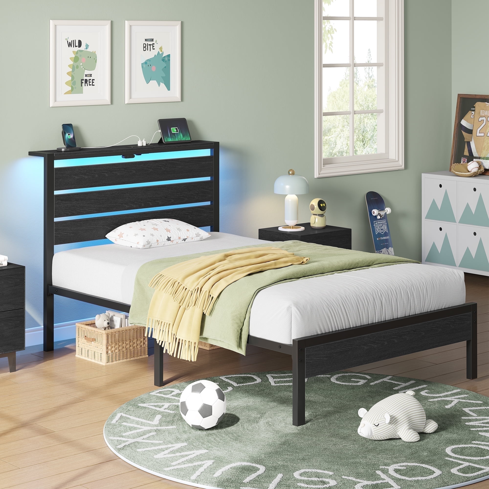 Greenstell Twin Bed Frame with Storage Headboard, Wood Platform Bed ...
