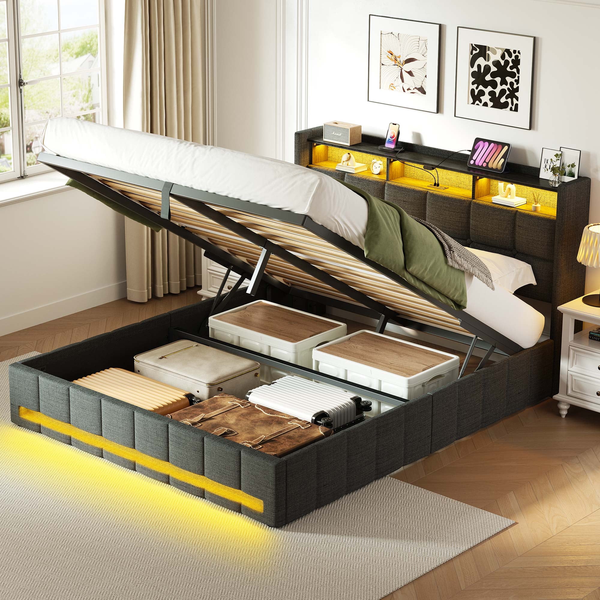 Greenstell Full Size Lift up Hydraulic Platform Storage Bed Frame with ...