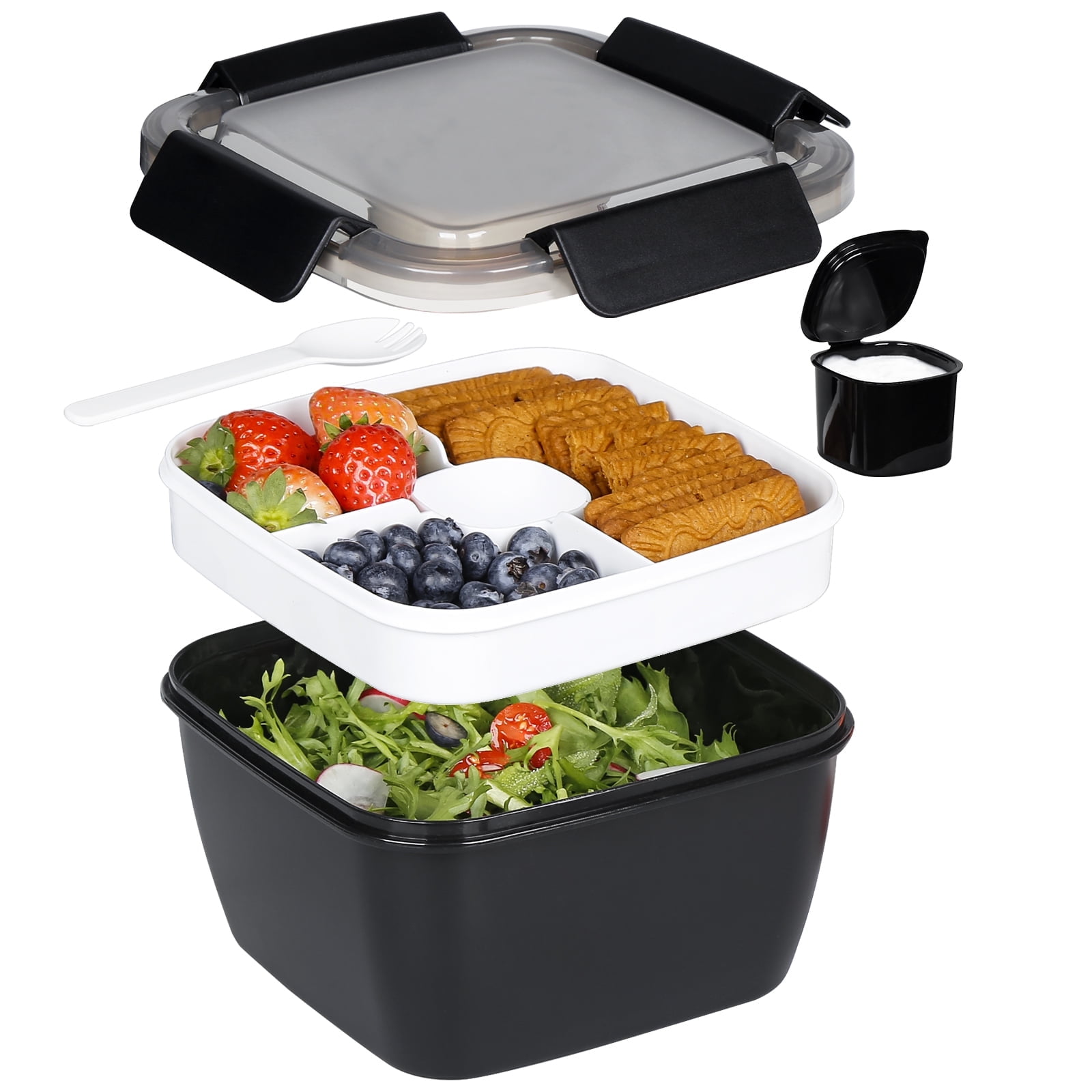 Greentainer 52 OZ Salad Container, BPA-Free, 3-Compartment, Dressing ...