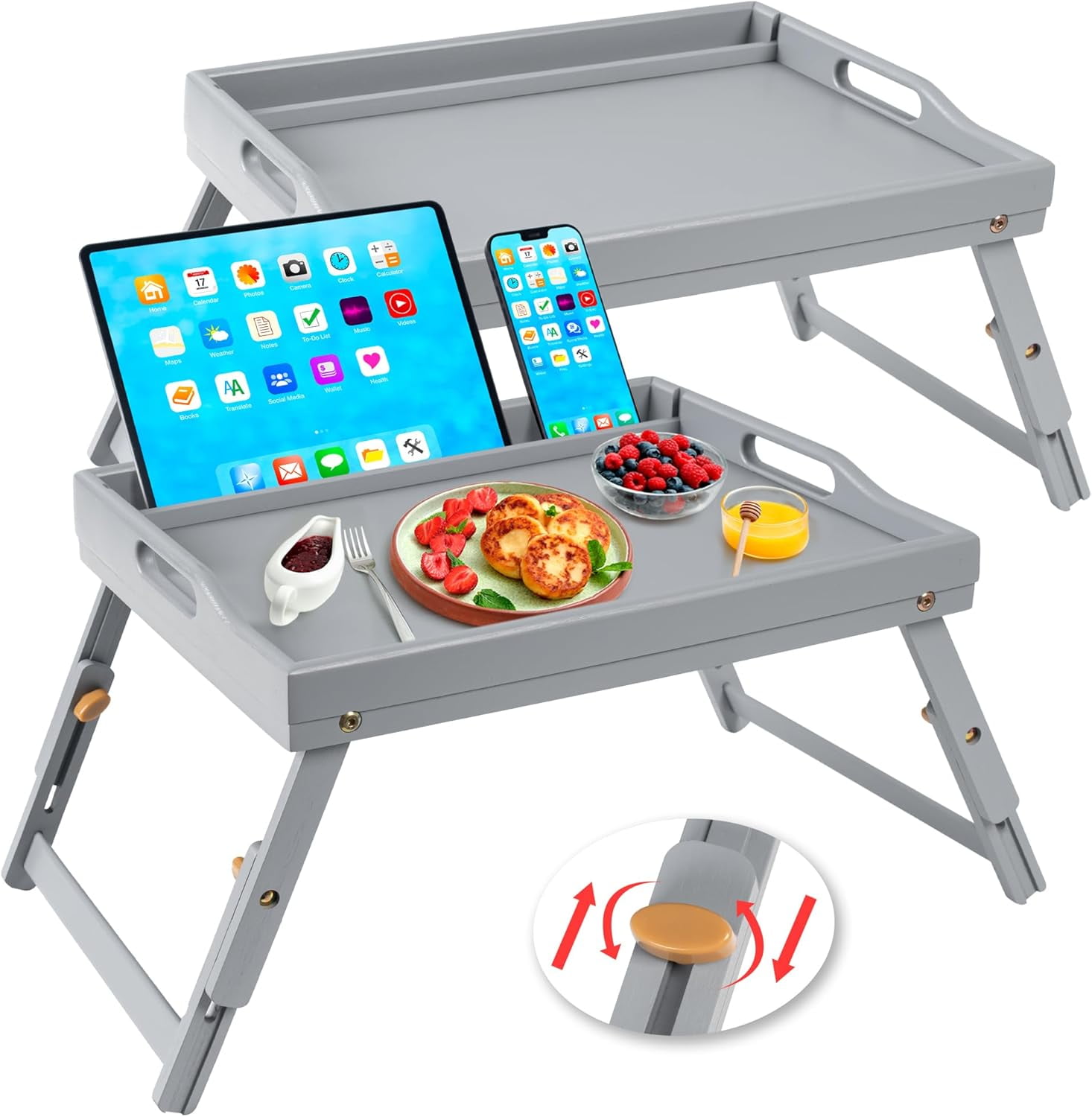 2 Pack Bed Tray Table with Handles Folding Legs, Bamboo Breakfast Food ...