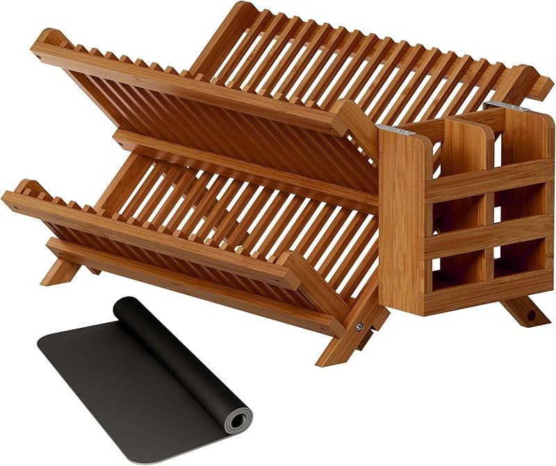 Greenual Bamboo Dish Drying Rack with Utensil Holder, 3 Tier ...