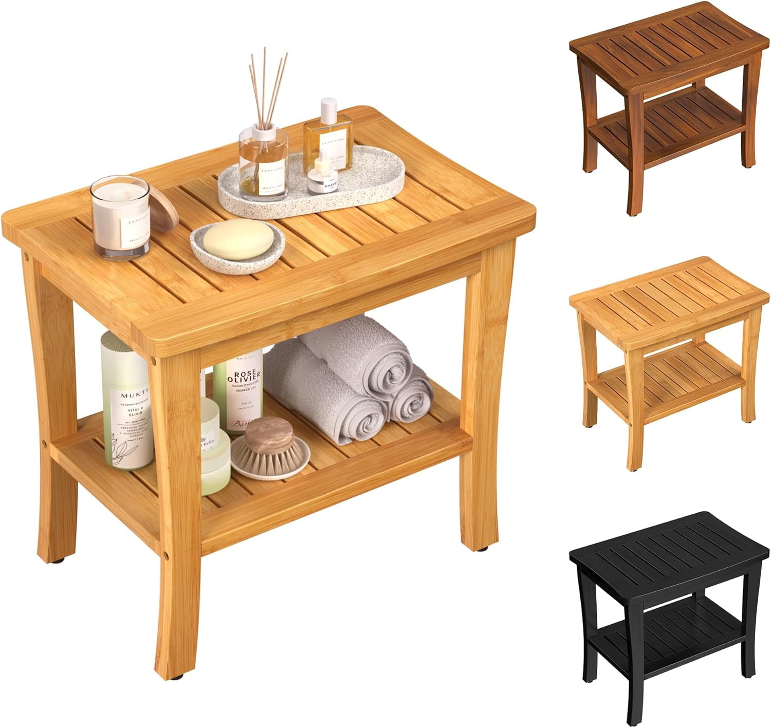 Large Bamboo Shower Bench Stool with Storage Shelf Waterproof Shower ...