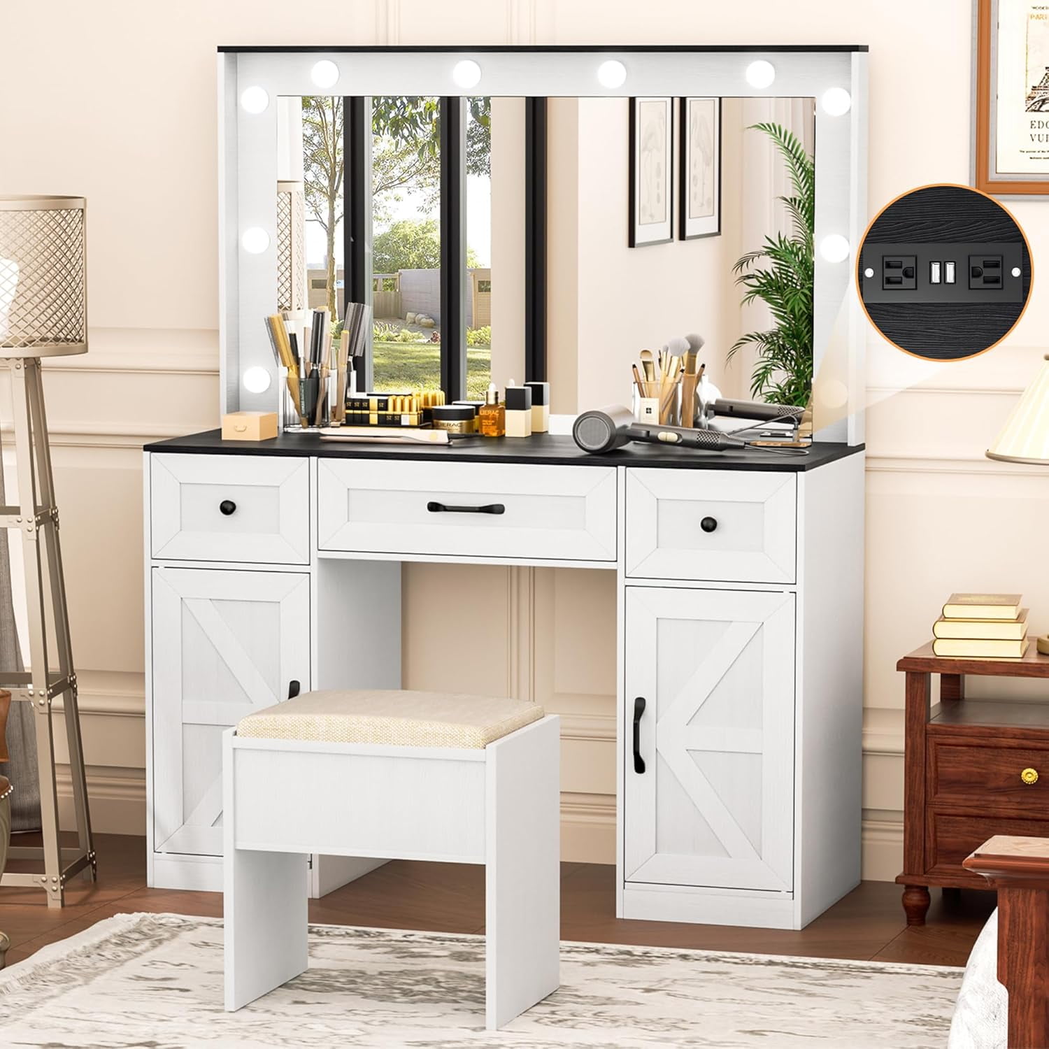 Greenvelly Makeup Vanity with Lights, White Farmhouse Vanity Desk with ...