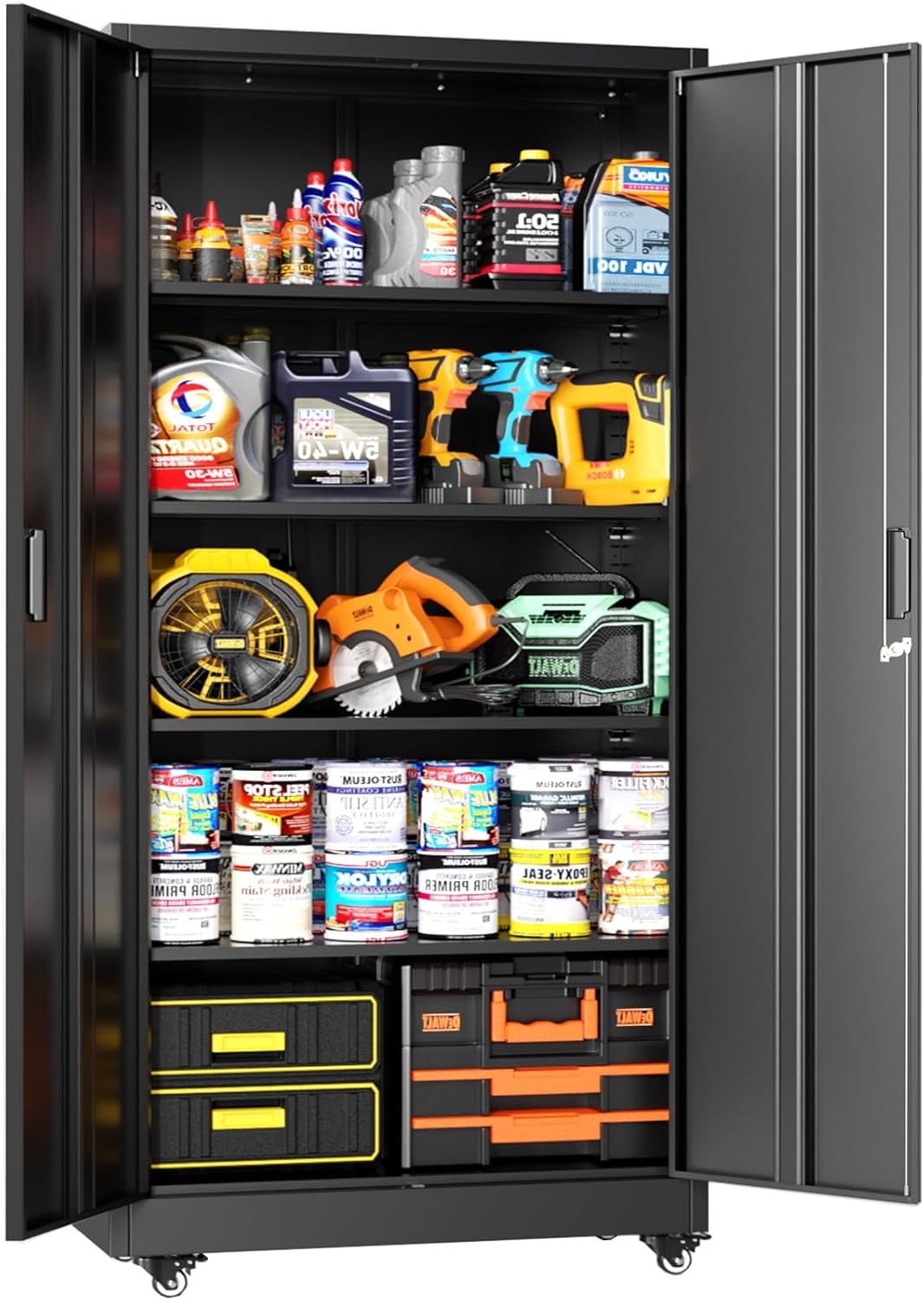 Greenvelly Metal Storage Cabinet with 4 Swivel Wheels,73” Black Garage ...