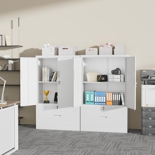 Greenvelly Metal Storage Cabinet with Drawer, 51” White Lateral File ...