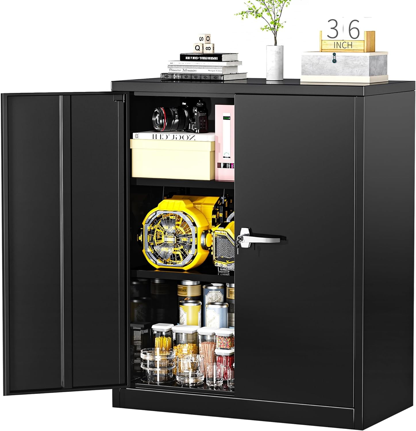 Greenvelly Metal Storage Cabinet with Lock, 36" Black Metal Garage ...