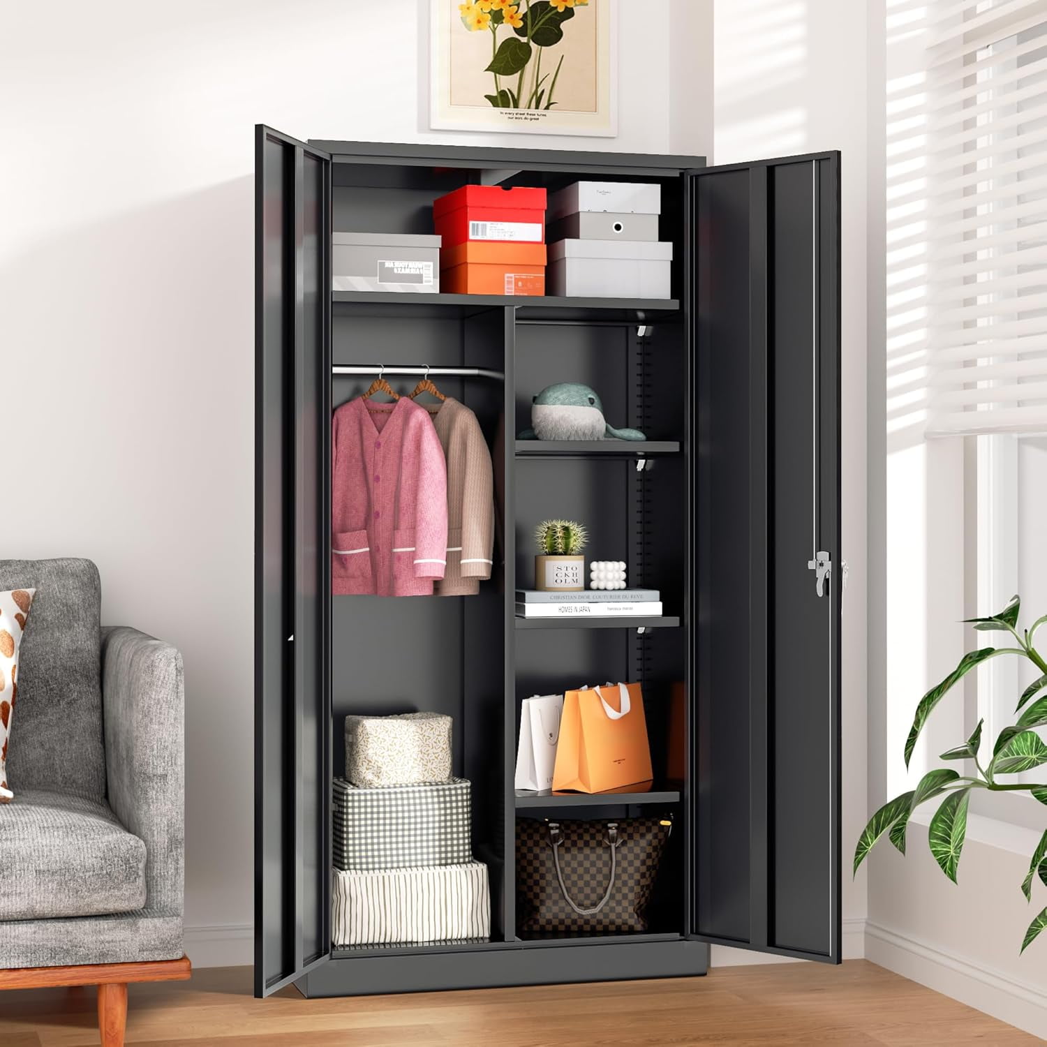 Greenvelly Metal Storage Wardrobe Cabinet with Lock, 72" Black Metal ...