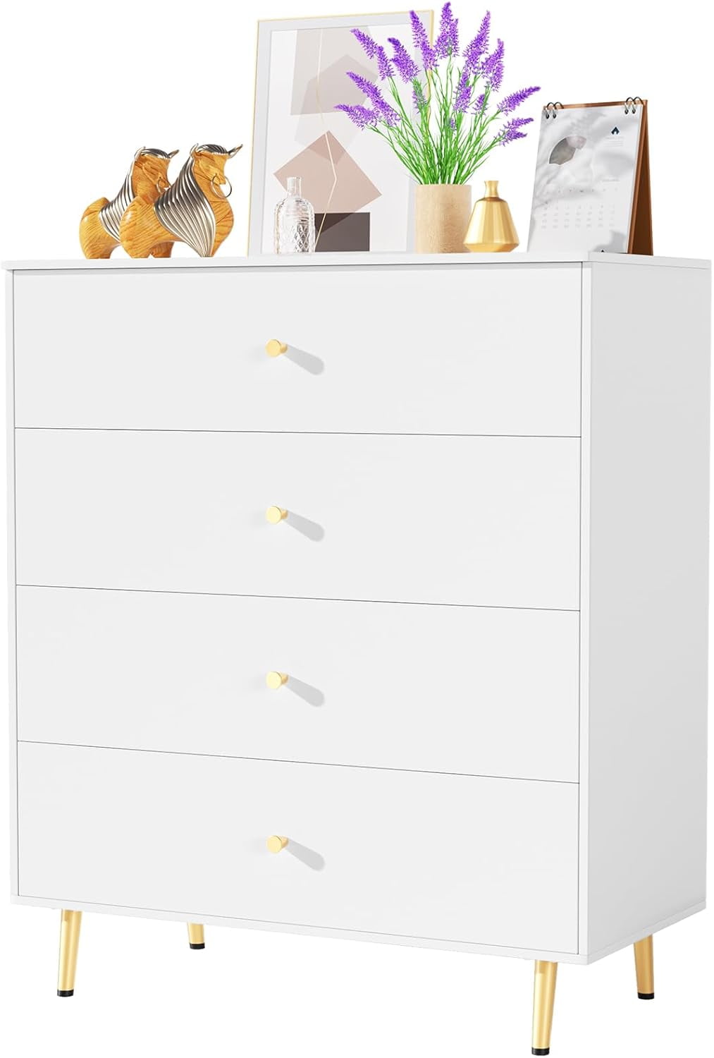 Greenvelly White 4 Drawer Dresser, 44” Tall Modern Dressers with Golden ...