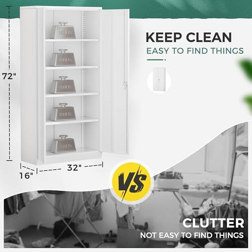Greenvelly White Metal Storage Cabinet, 72" Steel Locking Cabinet with ...