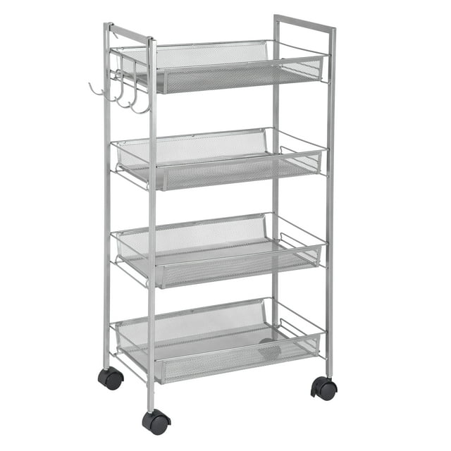 Greenway 4-Tier Silver Mobile Steel Storage Cart with Side Hooks ...