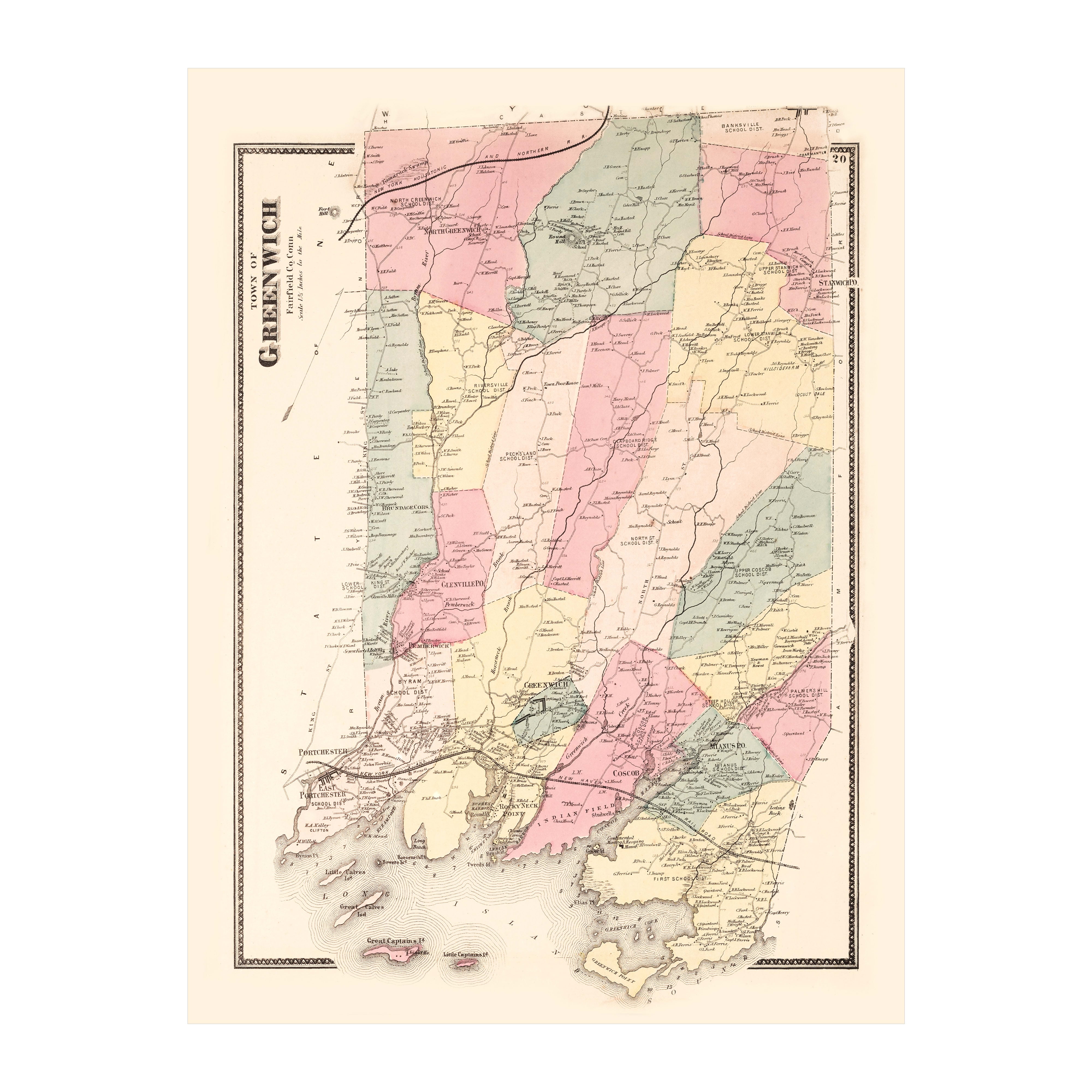 Greenwich Art, 1867 Vintage Map of Greenwich Connecticut, CT History ...