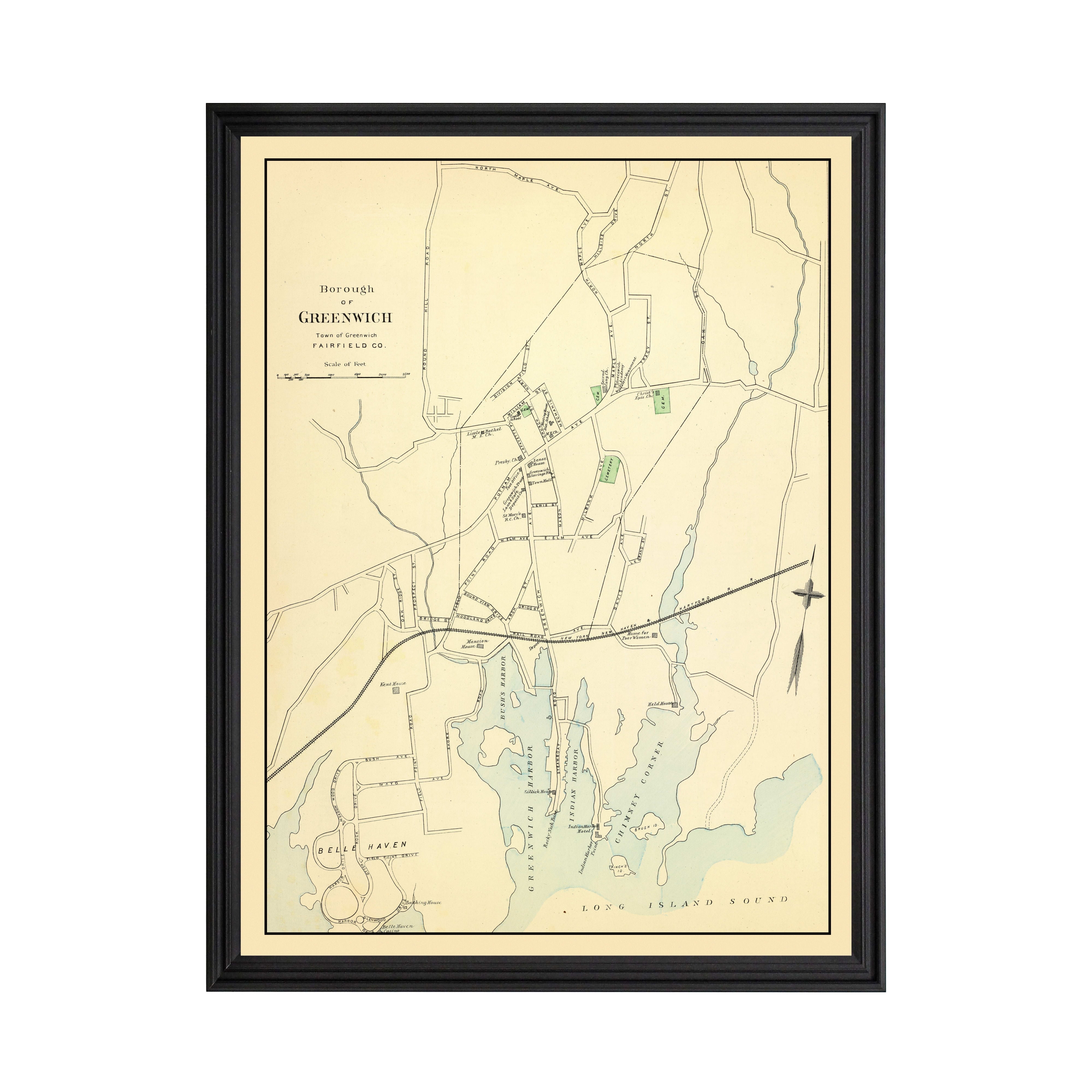 Greenwich Art, 1893 Vintage Map of Greenwich Connecticut, CT History ...
