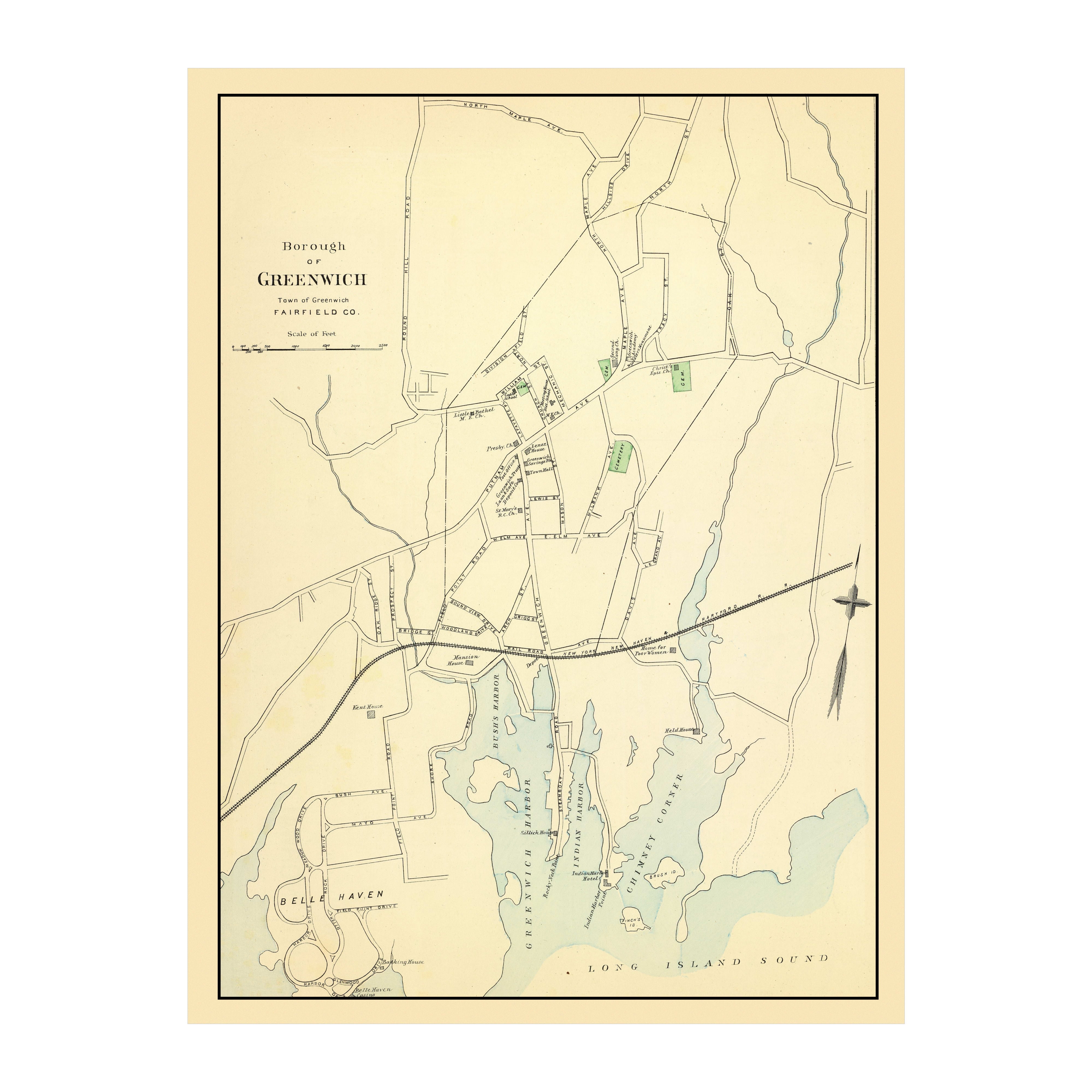 Greenwich Art, 1893 Vintage Map of Greenwich Connecticut, CT History ...