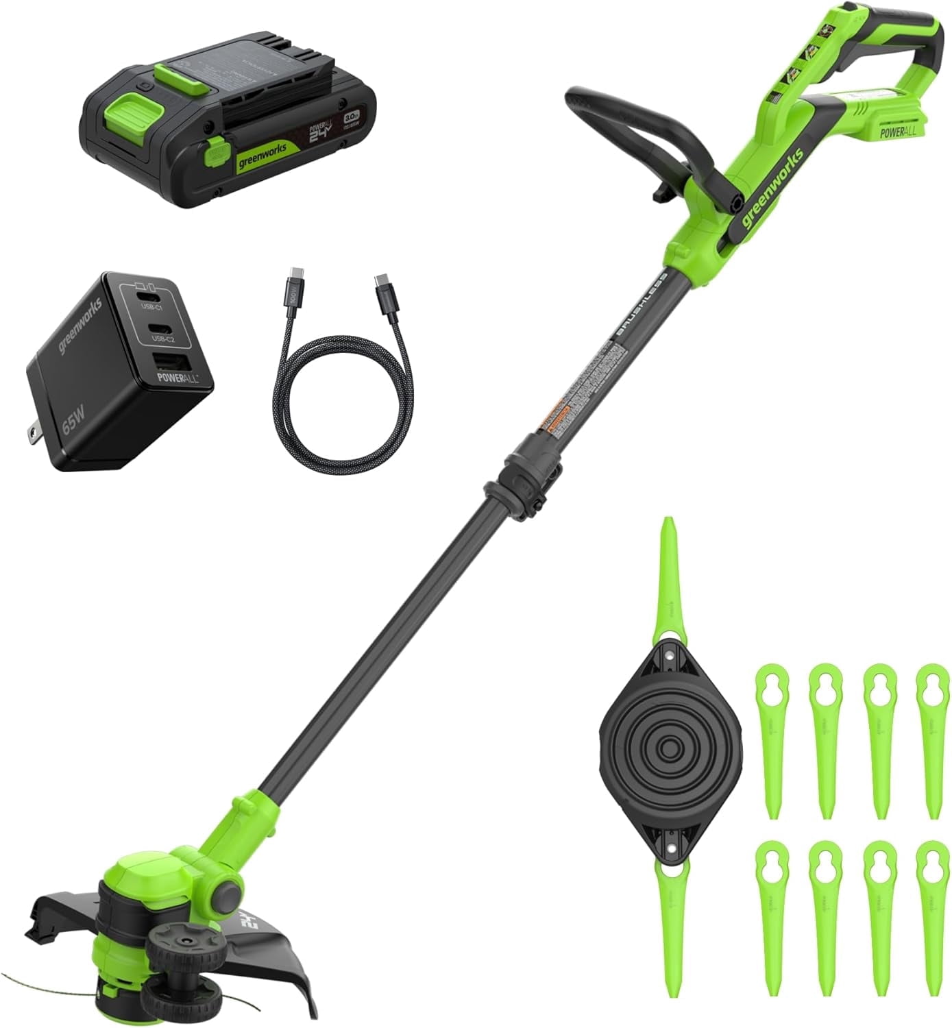 Greenworks 24V 12" Brushless String Trimmer Kit, 2-in-1 Trimmer/Edger ...