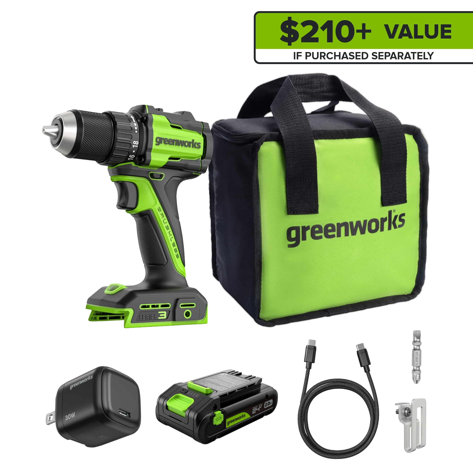 Greenworks 24V Cordless Brushless Drill Driver 400 in-lbs LED 18+1 ...