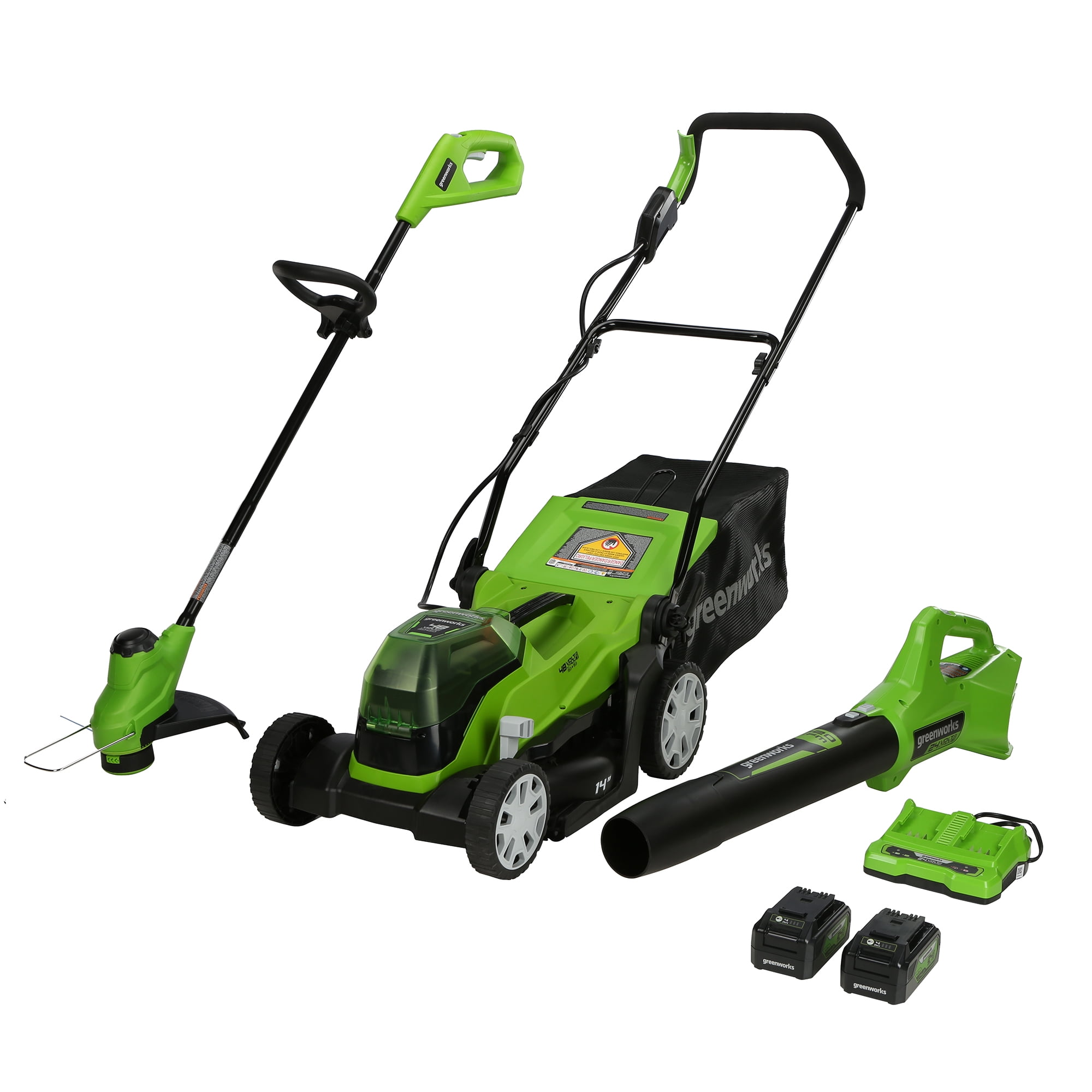 Greenworks 48V 14" Mower, 24V Axial Blower, & 24V 10" String Trimmer ...