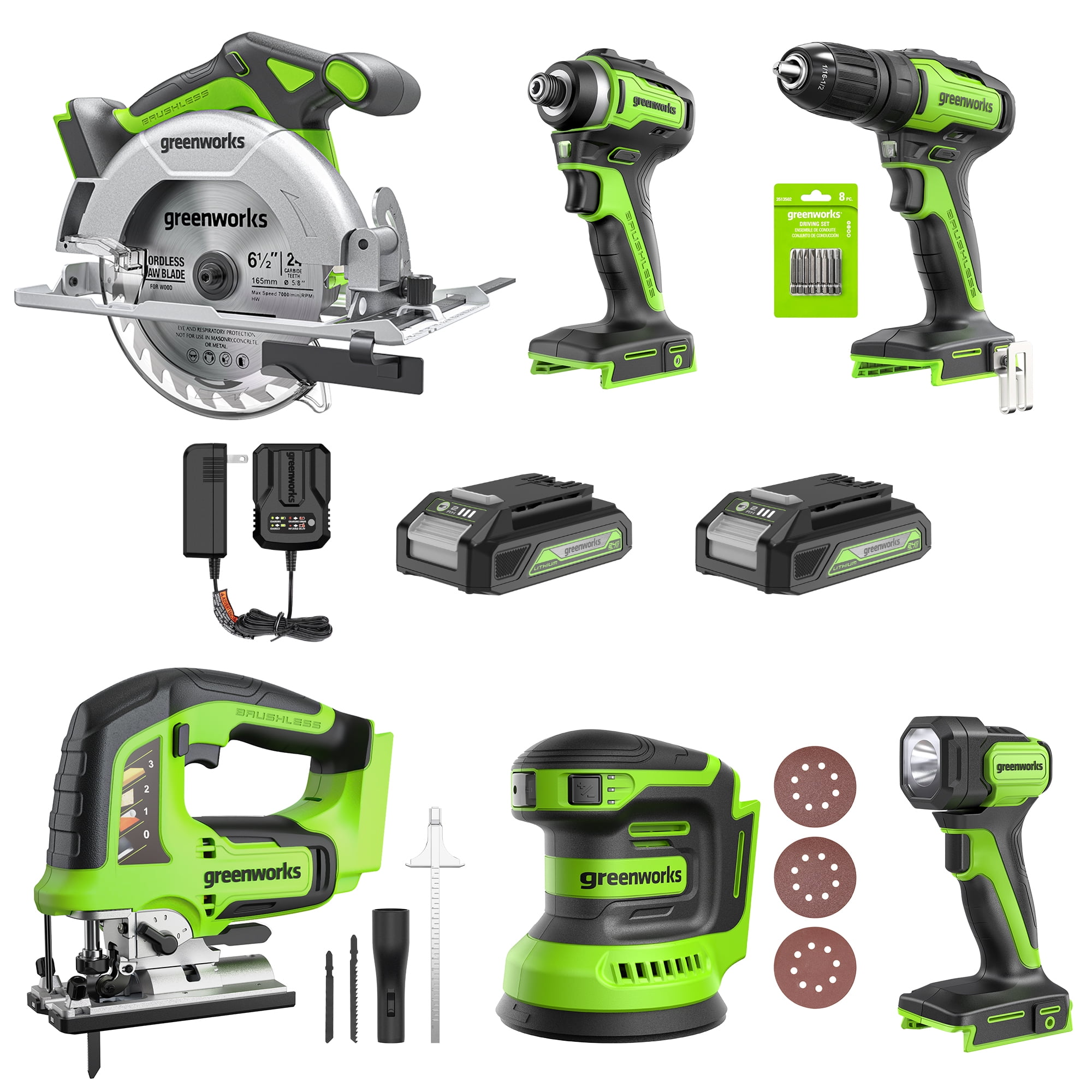 Greenworks New 24V Carpentry 6 Power Tool, Brushless Drill Driver Combo ...