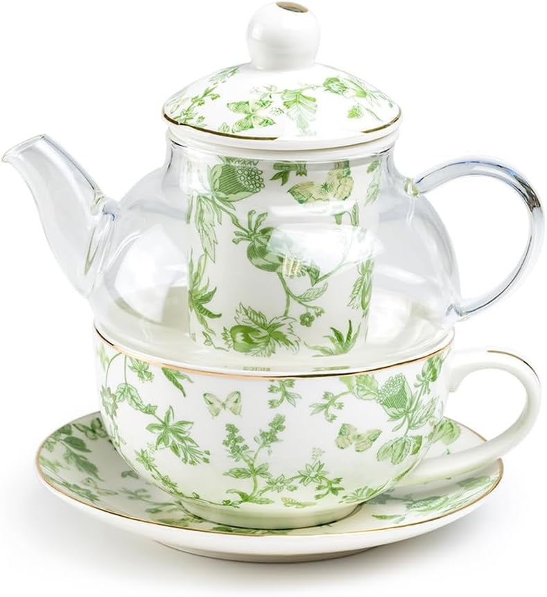 Greeny Garden Glass and Fine Porcelain Tea For One Set, Spring Tea Set ...