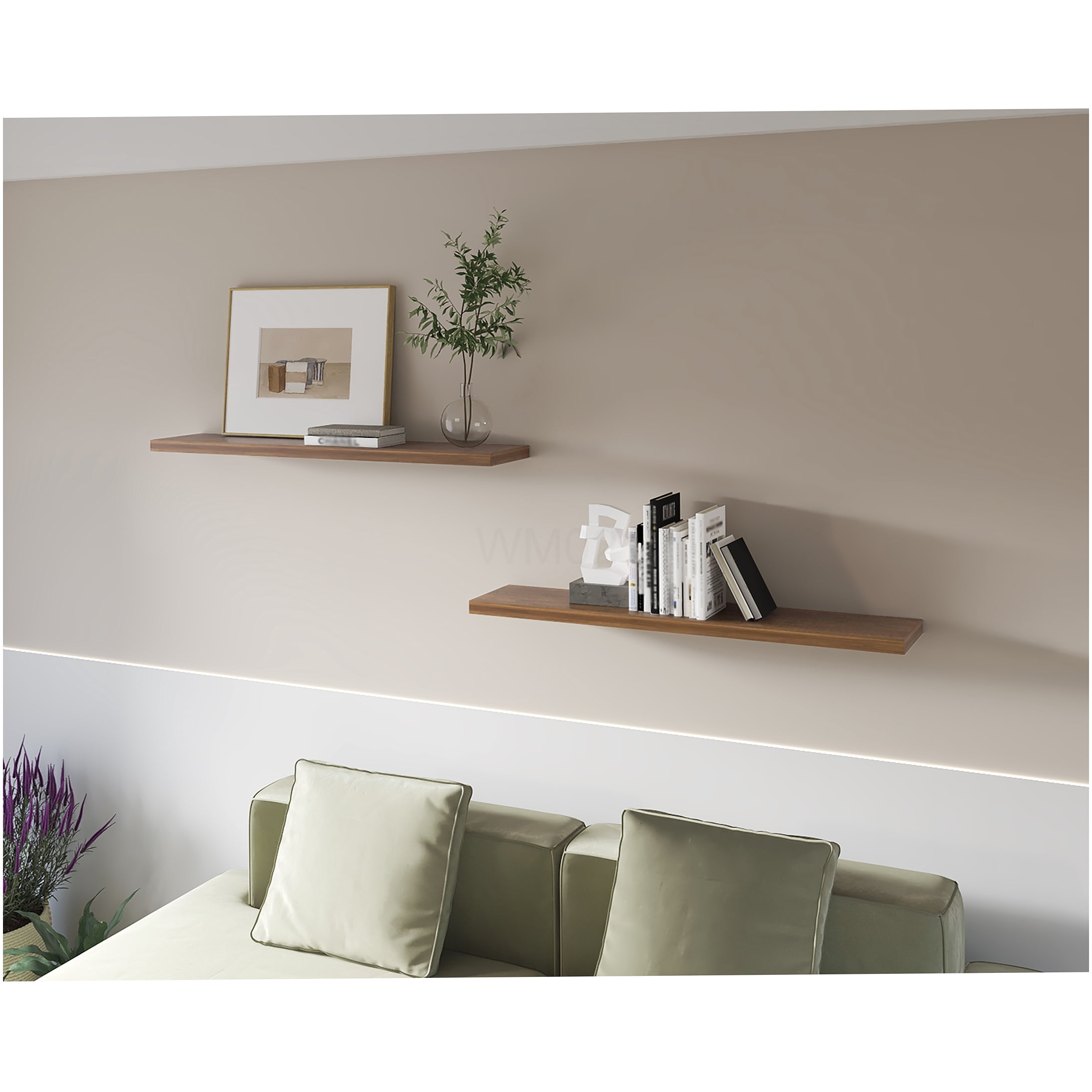 Greer Walnut Floating Shelves Set of 2, Modern Melamine Wall Mounted ...