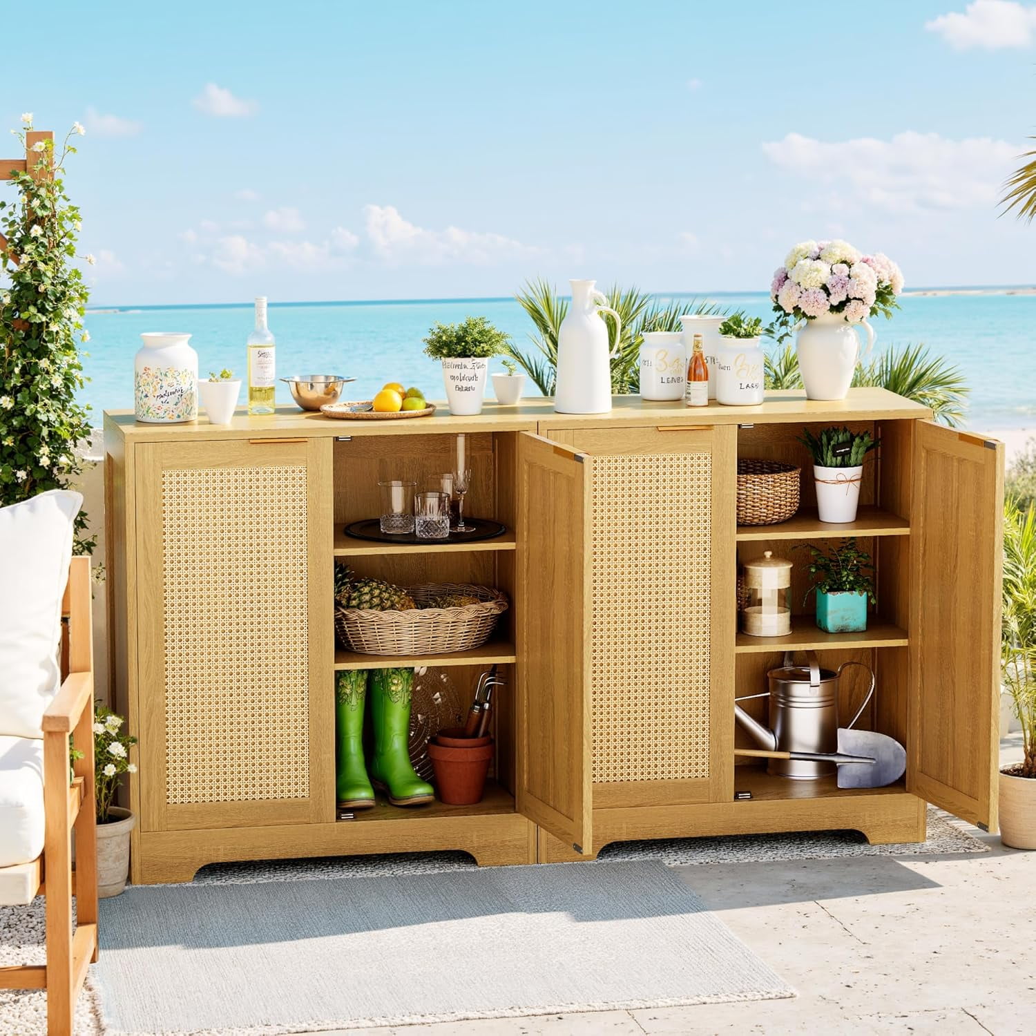 Greesum Outdoor Storage Cabinet, Wooden Ratten Cabinet with Magnetic ...