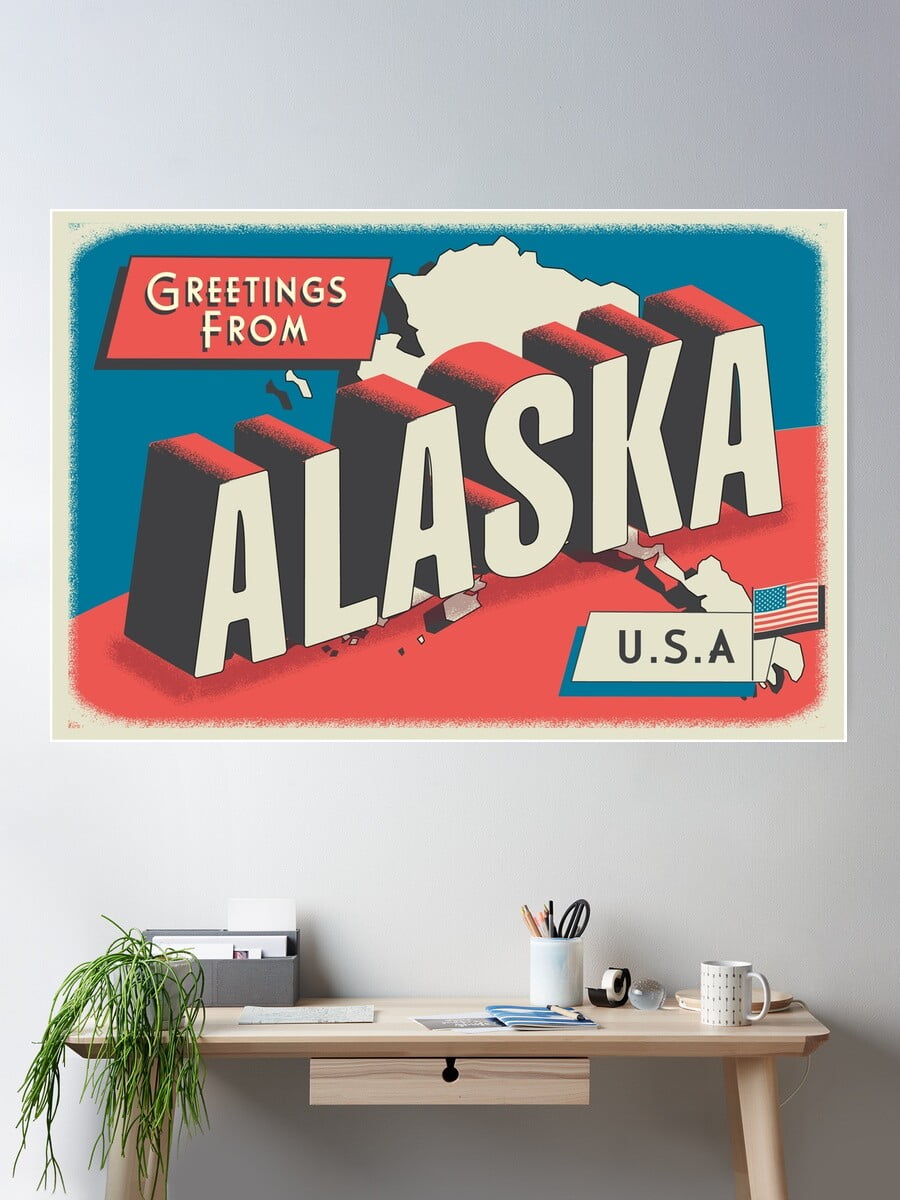 Greetings From Alaska Retro Travel Postcard Design With State Map And ...