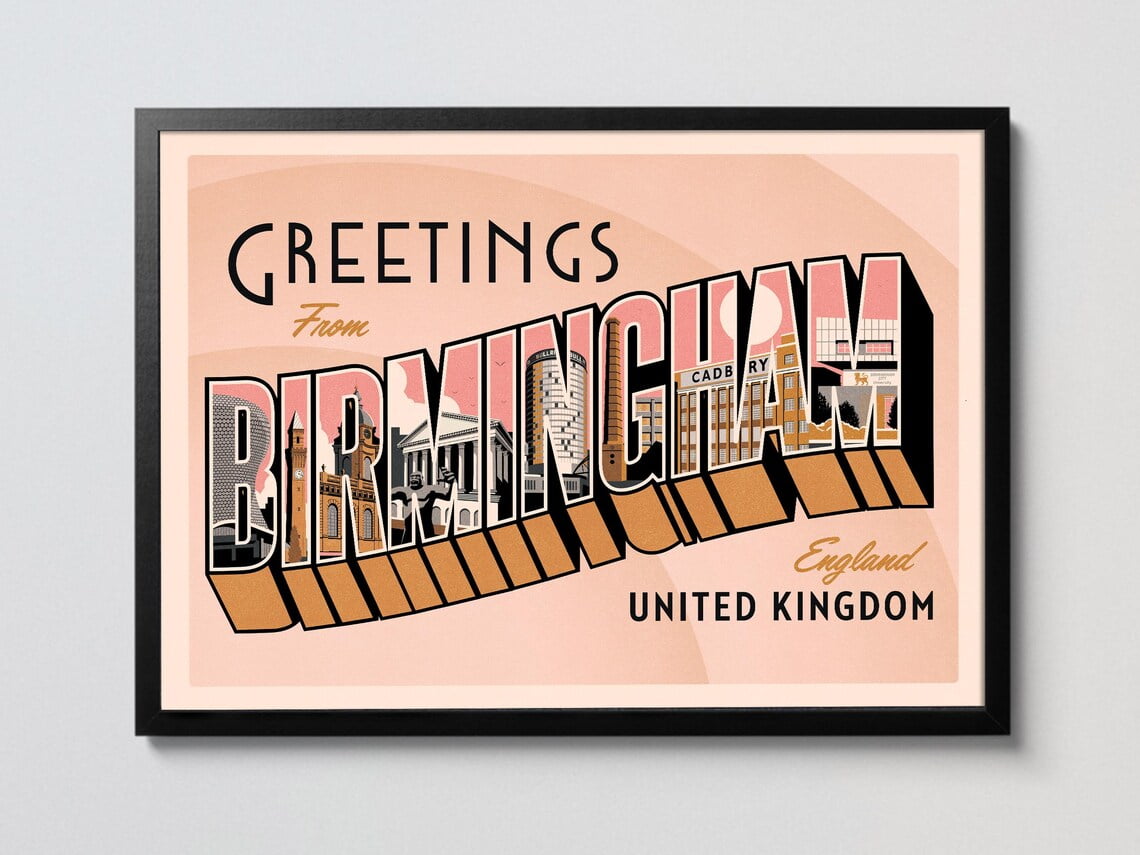 Greetings From Birmingham Retro Vintage Style Americana Illustrated ...