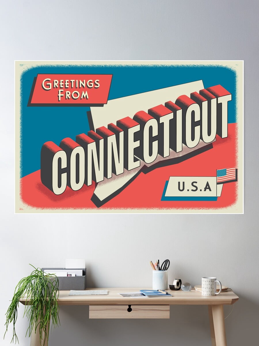 Greetings From Connecticut Retro Travel Postcard Design With State Map ...