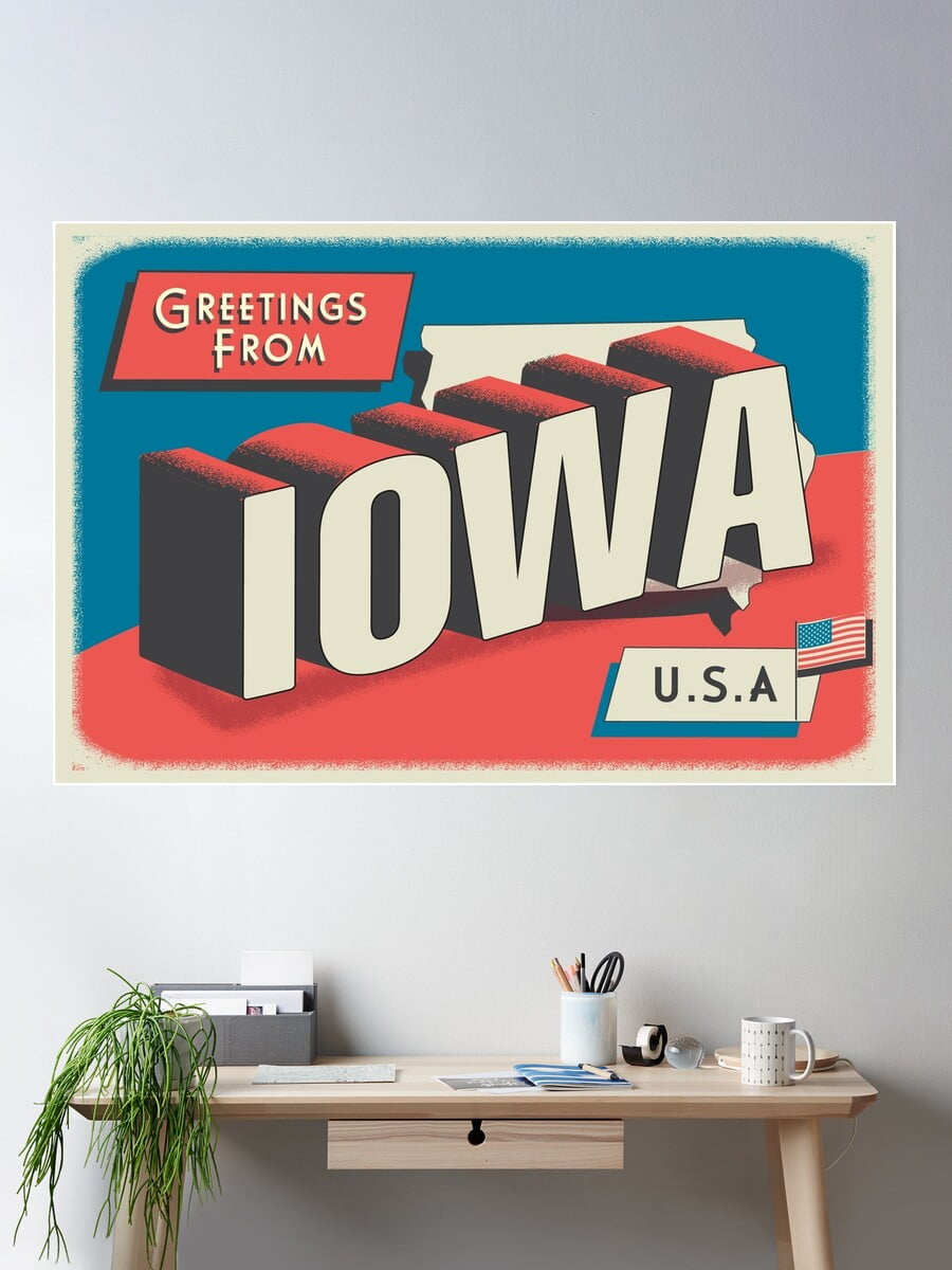 Greetings From Iowa Retro Travel Postcard Design With State Map And ...