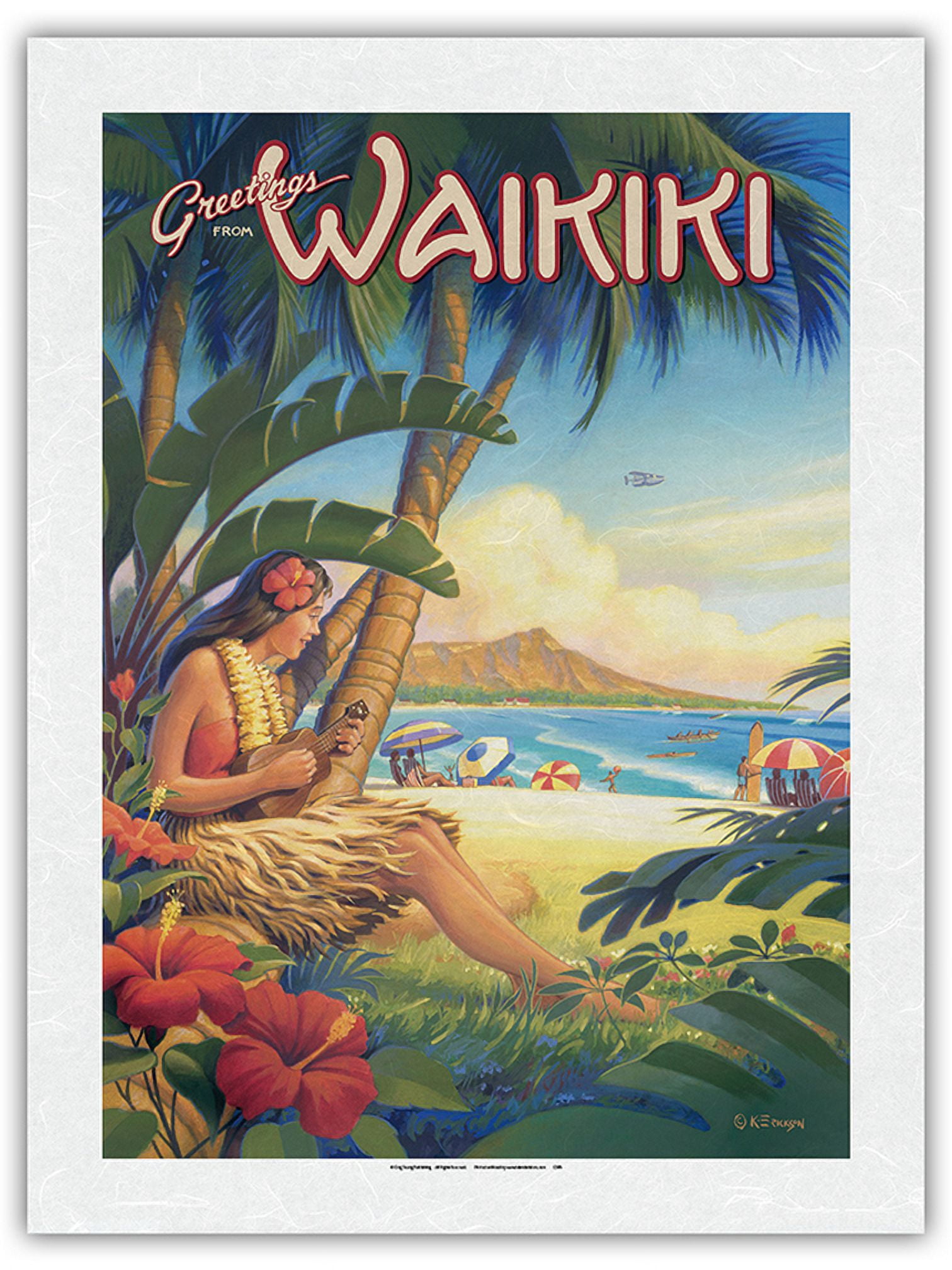 Greetings from Waikiki Hawaii - Ukulele Hula Girl - Diamond Head Crater ...