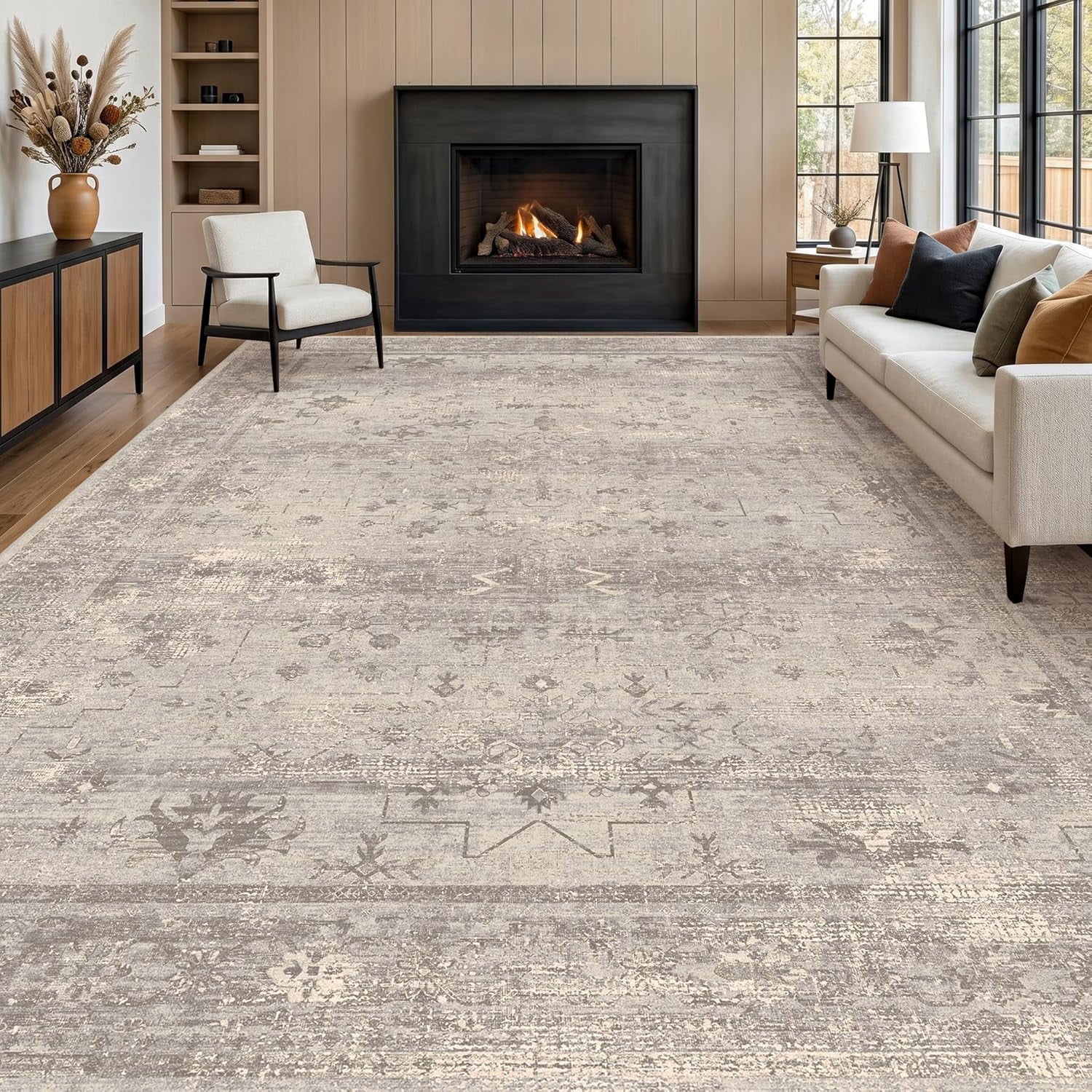 Greige 8x10 Washable Area Rug for Living Room, Organic Modern ...