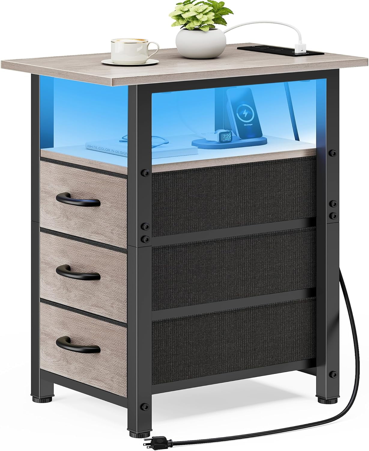 Greige Nightstand with Charging Station and LED Lights, Narrow End ...