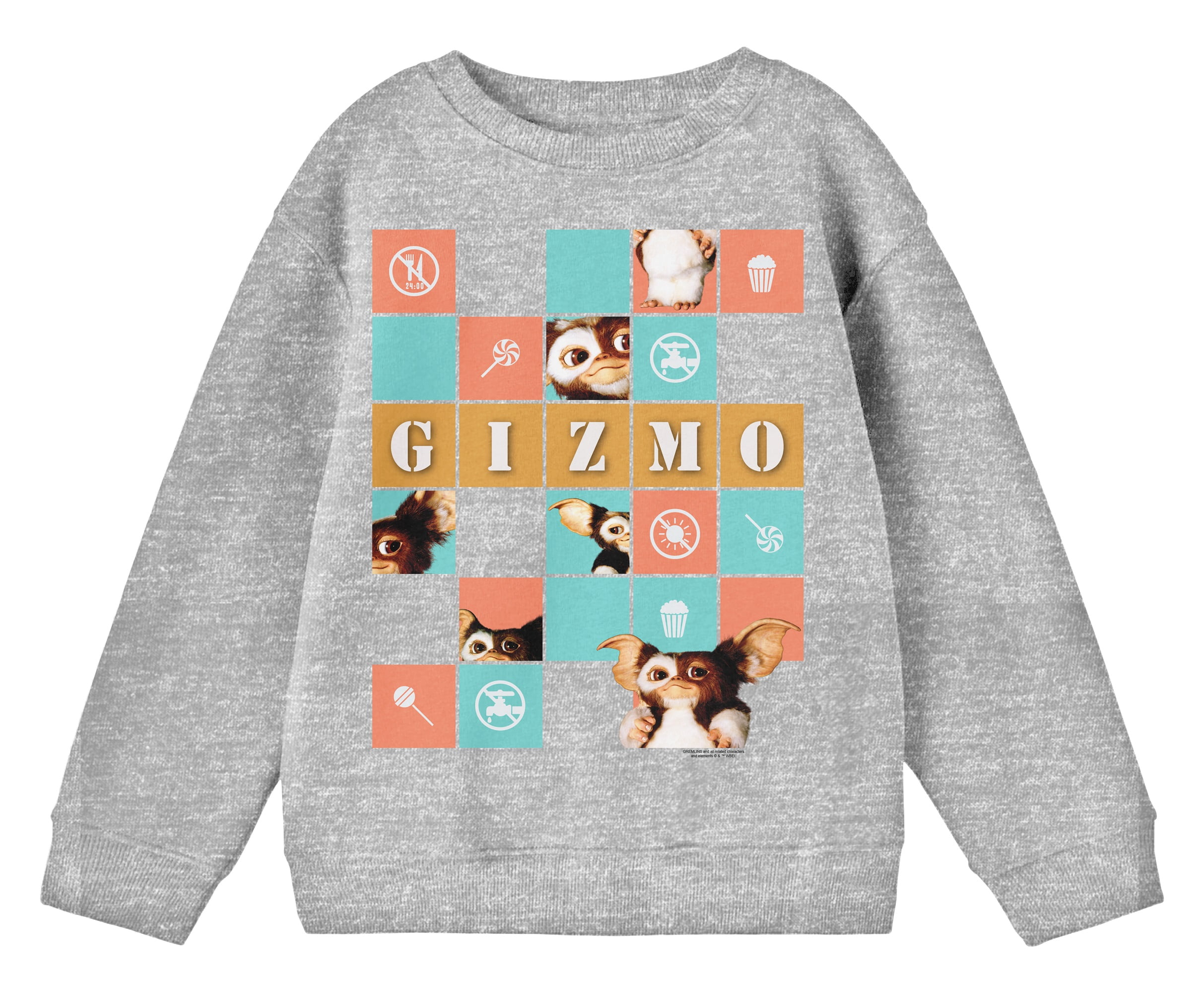 Gremlins Gizmo In Squares With Icons Youth Heather Gray Crew Neck ...