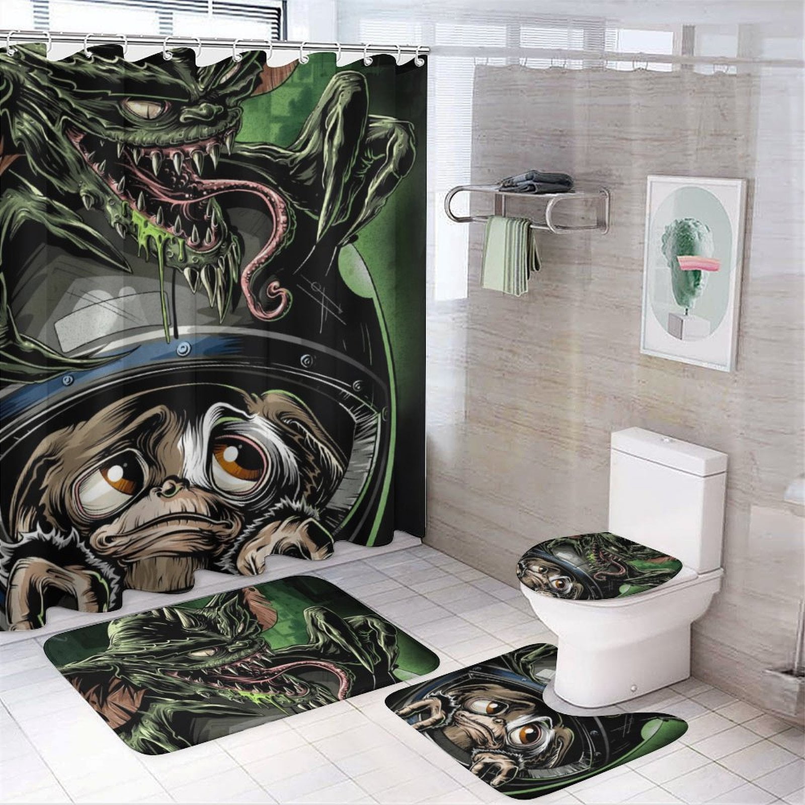 Gremlins Shower Curtain Set 4 Piece with Toilet Lid Cover, Non-slip ...