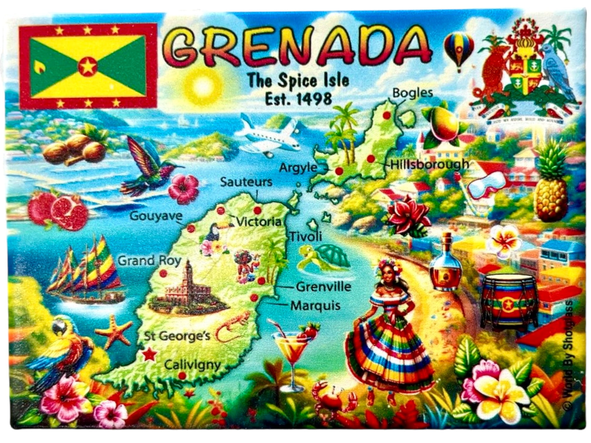 Grenada Graphic Map and Attractions Souvenir Fridge Magnet 2.5" X 3.5 ...