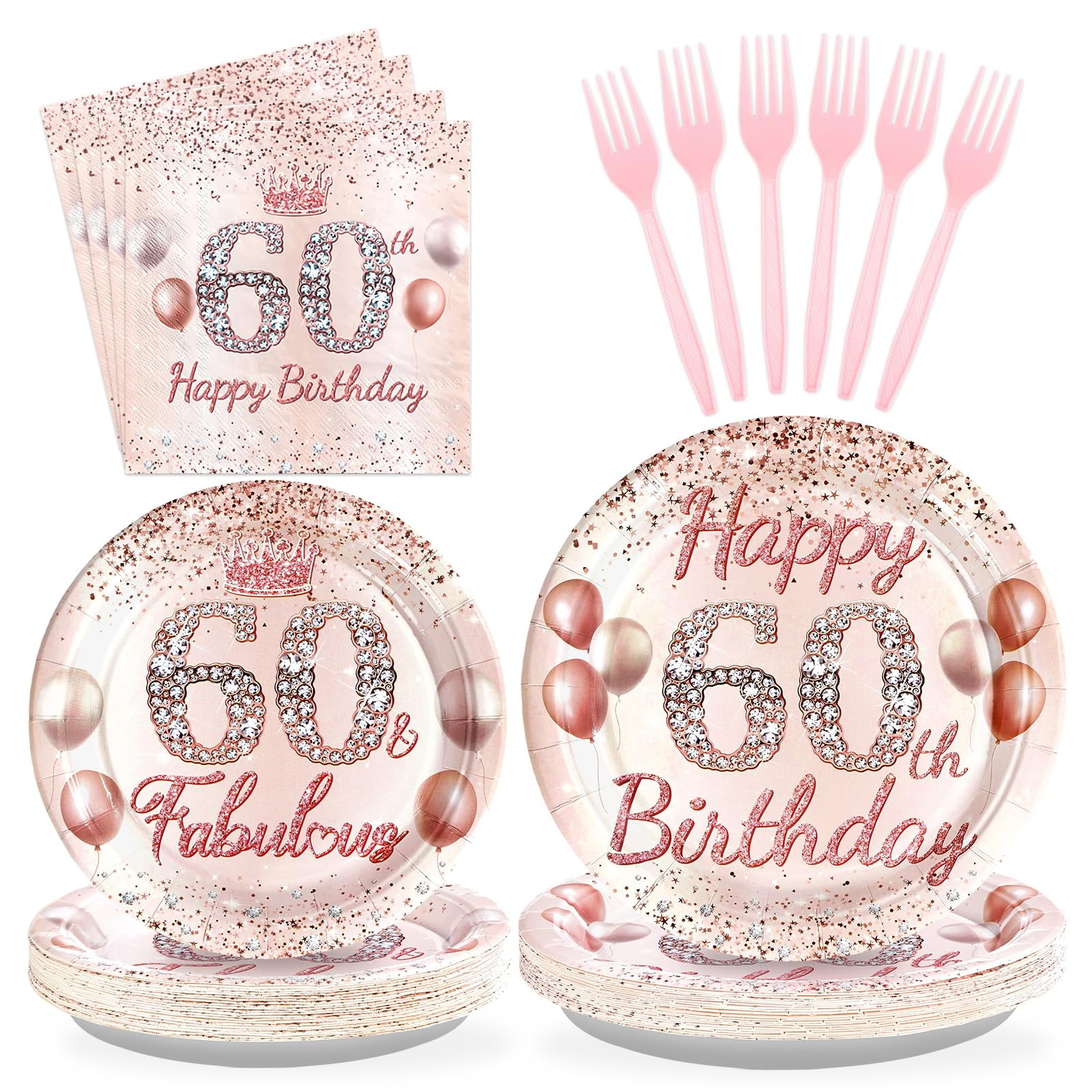 Grencian 96 Pcs 60th Birthday Party MTN1 Supplies for Rose Gold 60 ...