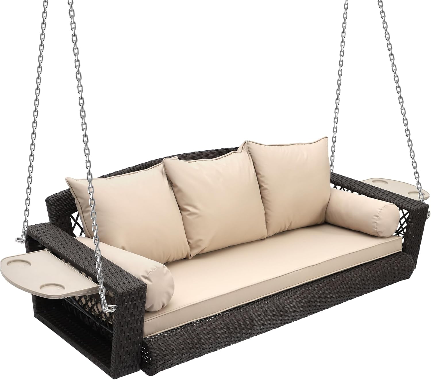 Grepatio 3 Person Porch Swing Patio Wicker Hanging Porch Swing Chair Outdoor Rattan Swing Bench ...