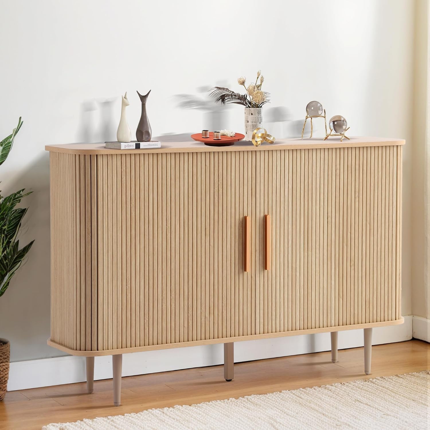 Grepatio 47" Sideboard Buffer Cabinet with Fluted Slide Doors, Tambour Storage Cabinet with ...