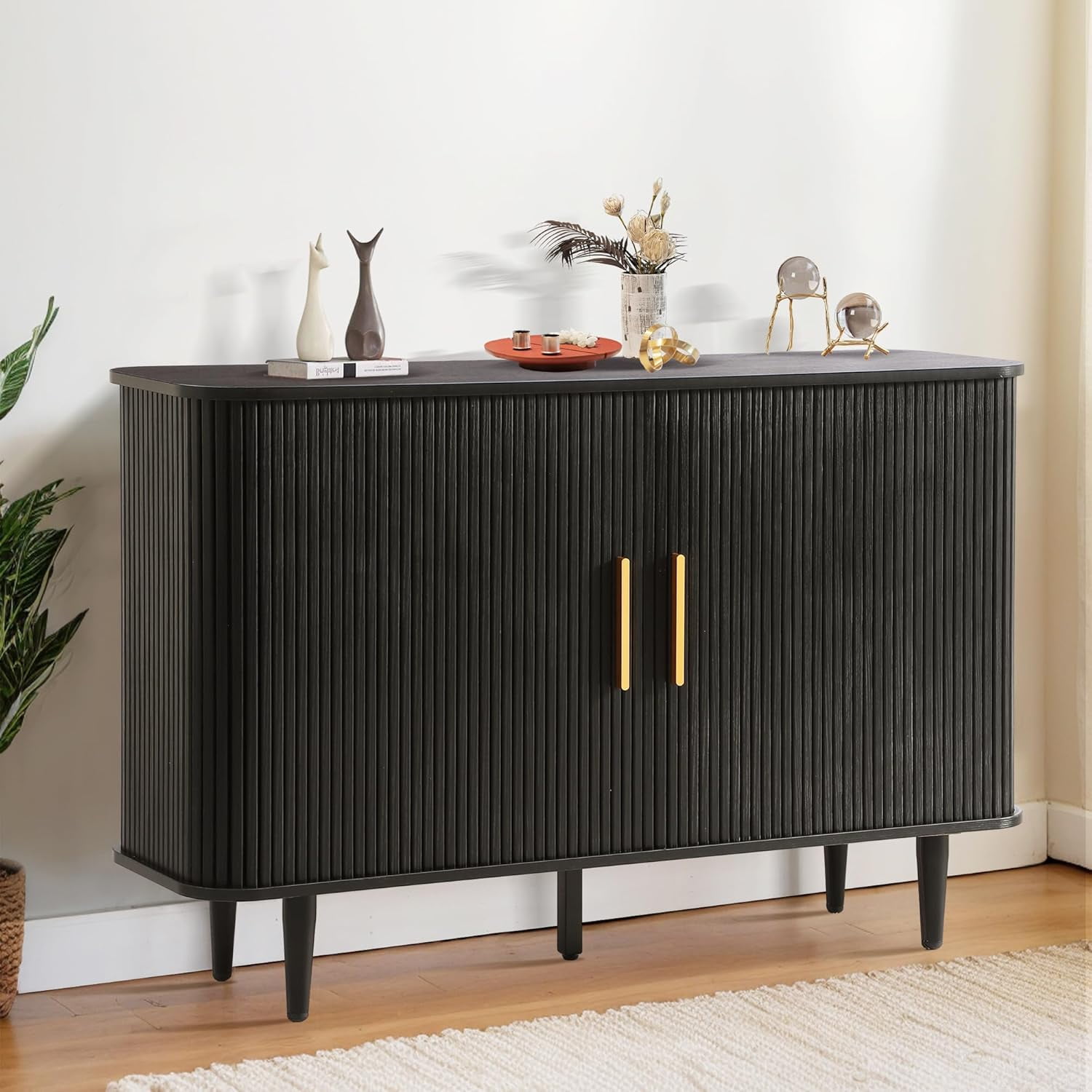 Grepatio 47" Sideboard Buffet Cabinet with Fluted Slide Doors, Tambour Storage Cabinets with ...