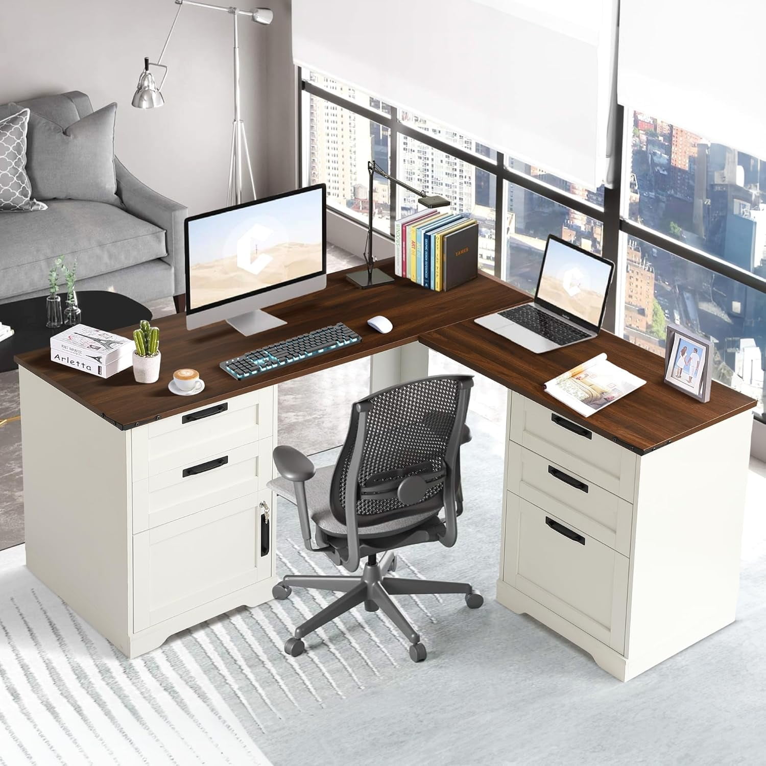 Grepatio 60" L Shaped Executive Desk with Drawers, Farmhouse Corner ...