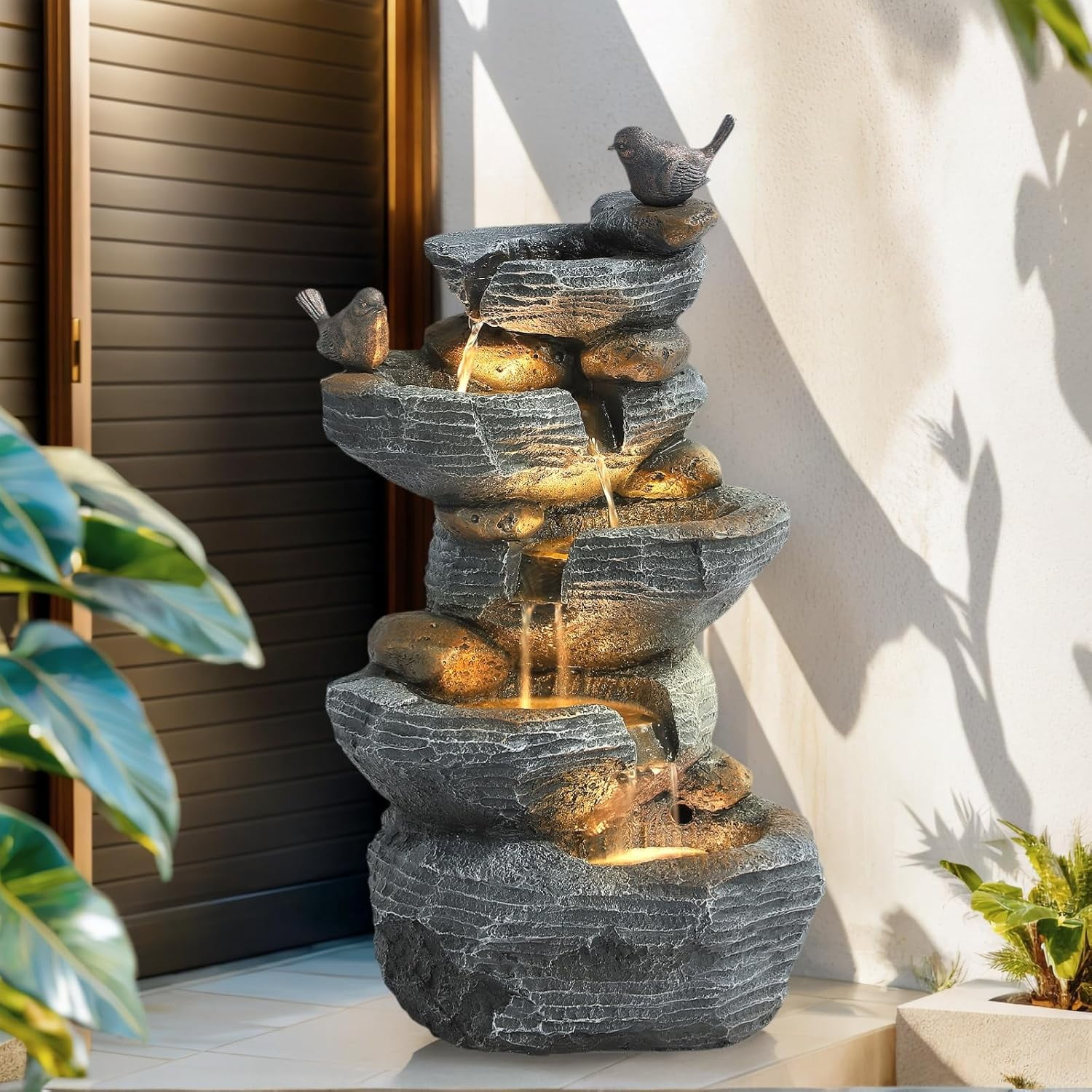 Grepatio Outdoor Water Fountain 5 Tier Cascading Rock Waterfalls ...
