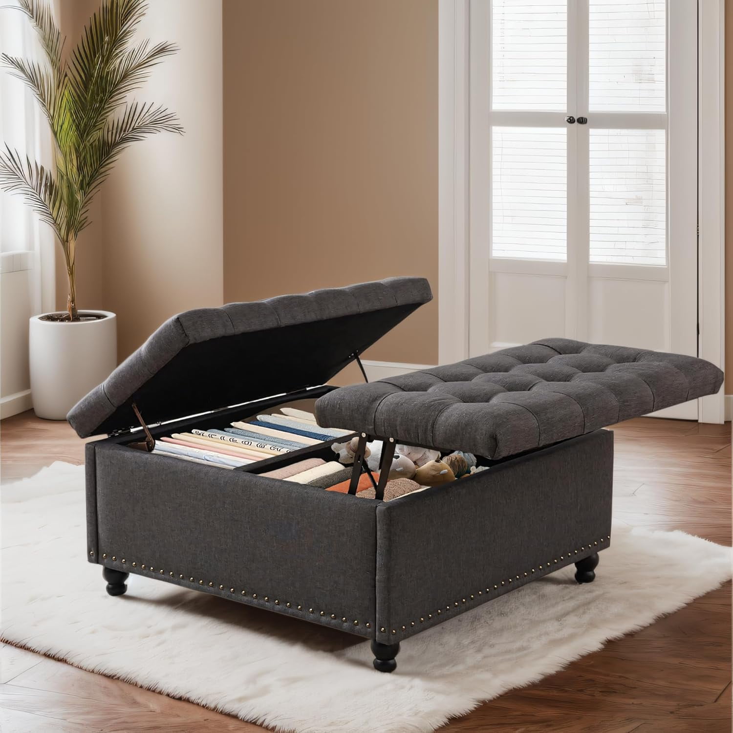 Grepatio Square Tufted Ottoman with Storage - 35.5" Large Lift-Top ...