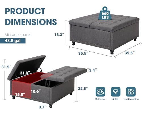 Grepatio Square Tufted Ottoman with Storage - 35.5" Large Lift-Top ...