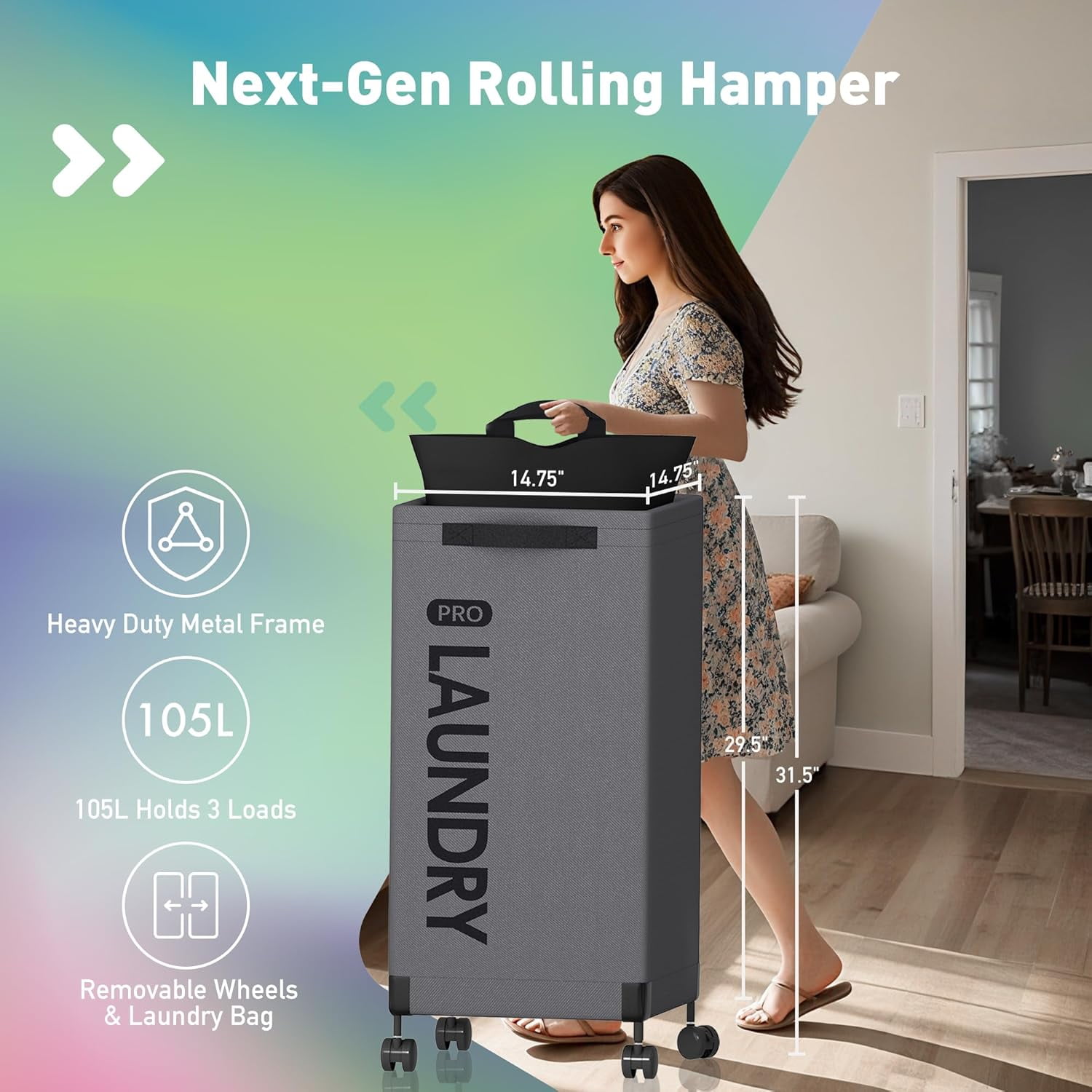 Grey 100L Next-Gen Metal Frame Laundry Basket with Wheels - Heavy Duty ...
