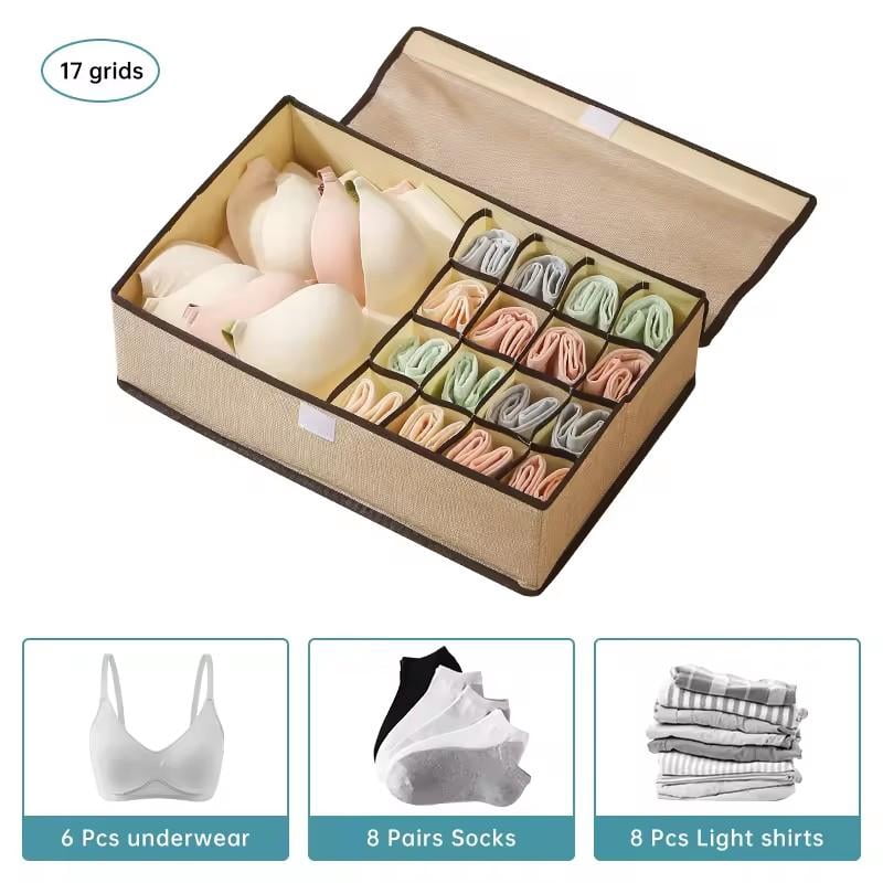 Grey 13-Compartment Fabric Underwear Storage Box with Lid - Stackable ...
