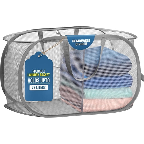 Grey 2-Compartment Mesh Laundry Basket, 77L Foldable Clothes Sorting ...
